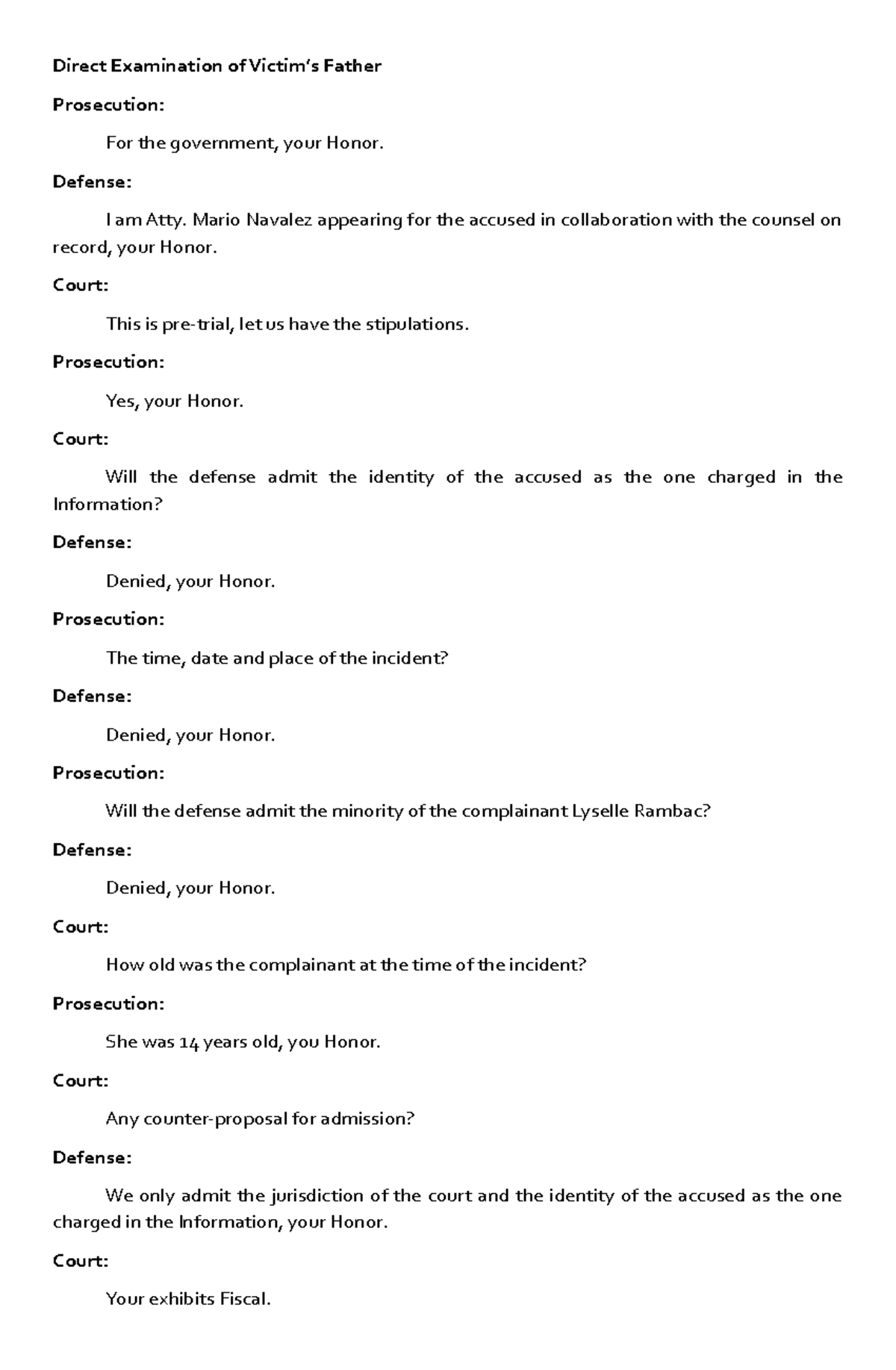 Direct Examination of Victims Father - Direct Examination of Victim’s ...