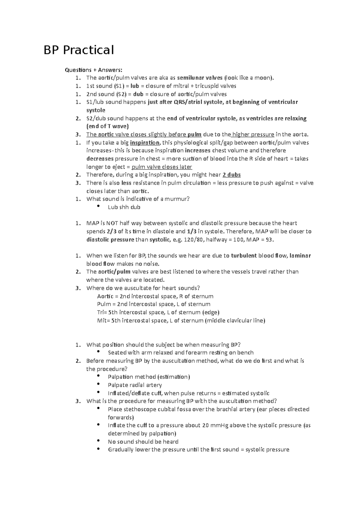 BP Practical Questions + Answers - The aortic/pulm valves are aka as ...