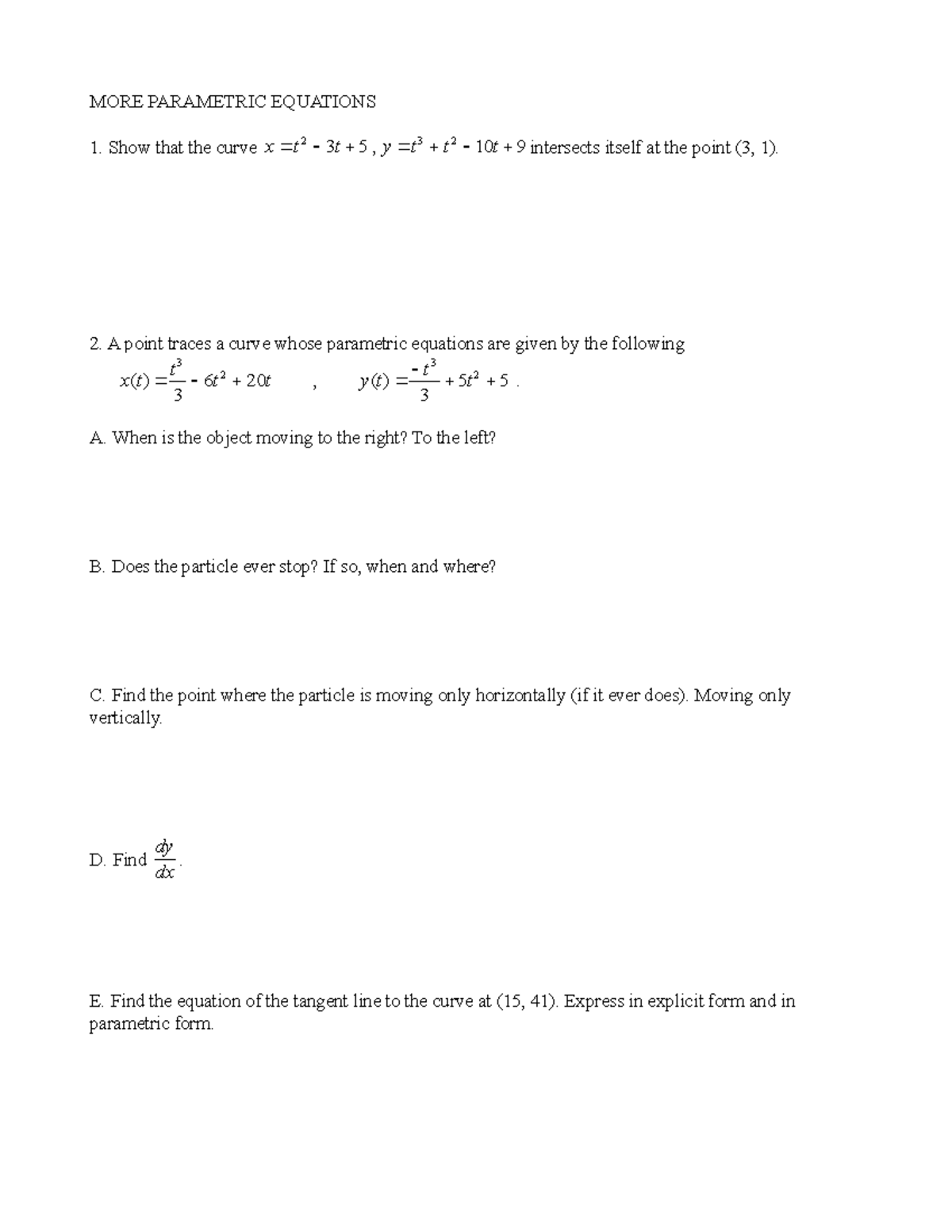 Parametric Practice Math Homework More Parametric Equations Show