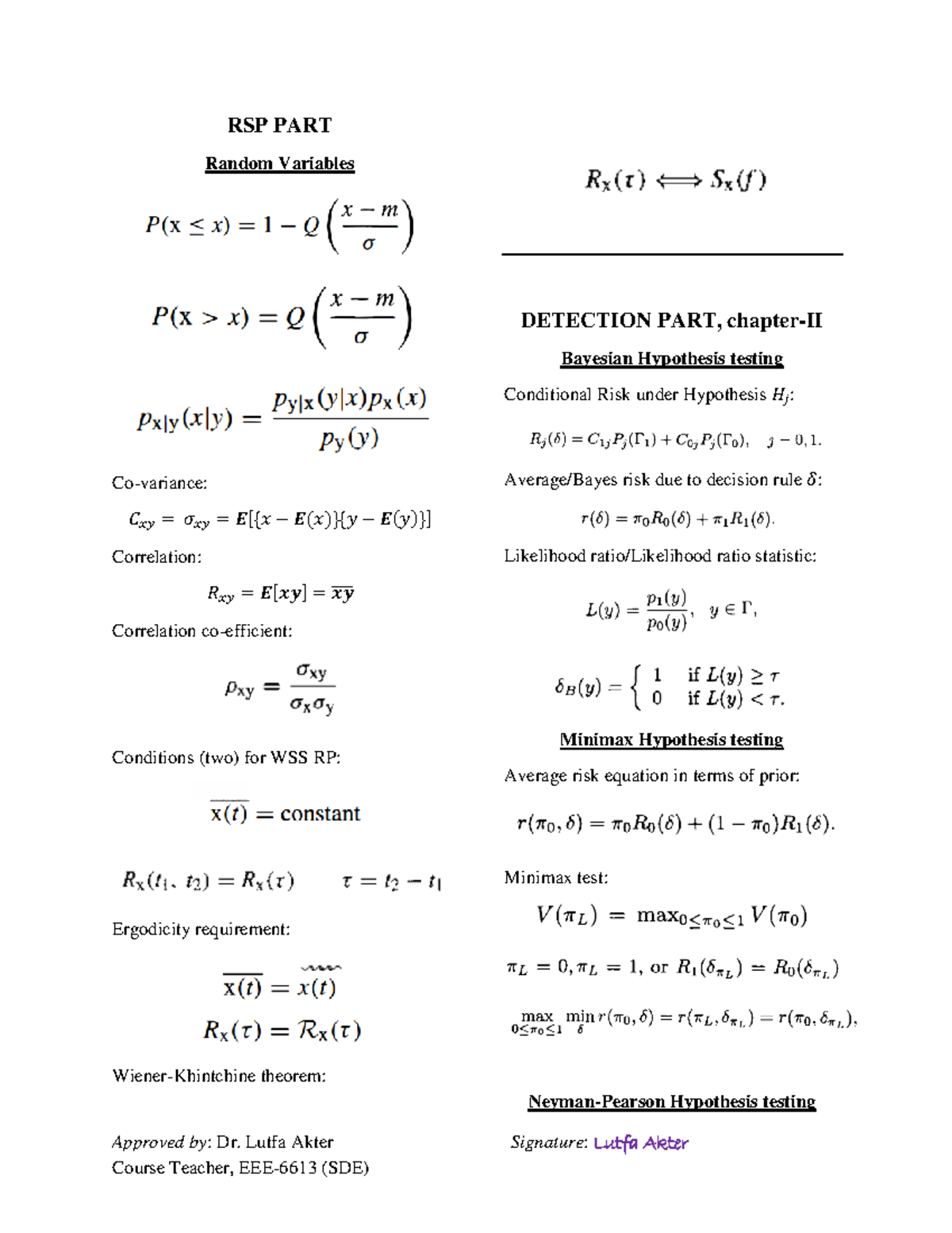 Cheat sheet of formulas for signal estimation - Approved by Course Teacher, EEE-6613 (SDE): Dr ...
