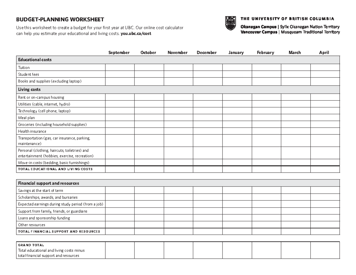 Ubc budget planning worksheet - BUDGET-PLANNING WORKSHEET Use this ...