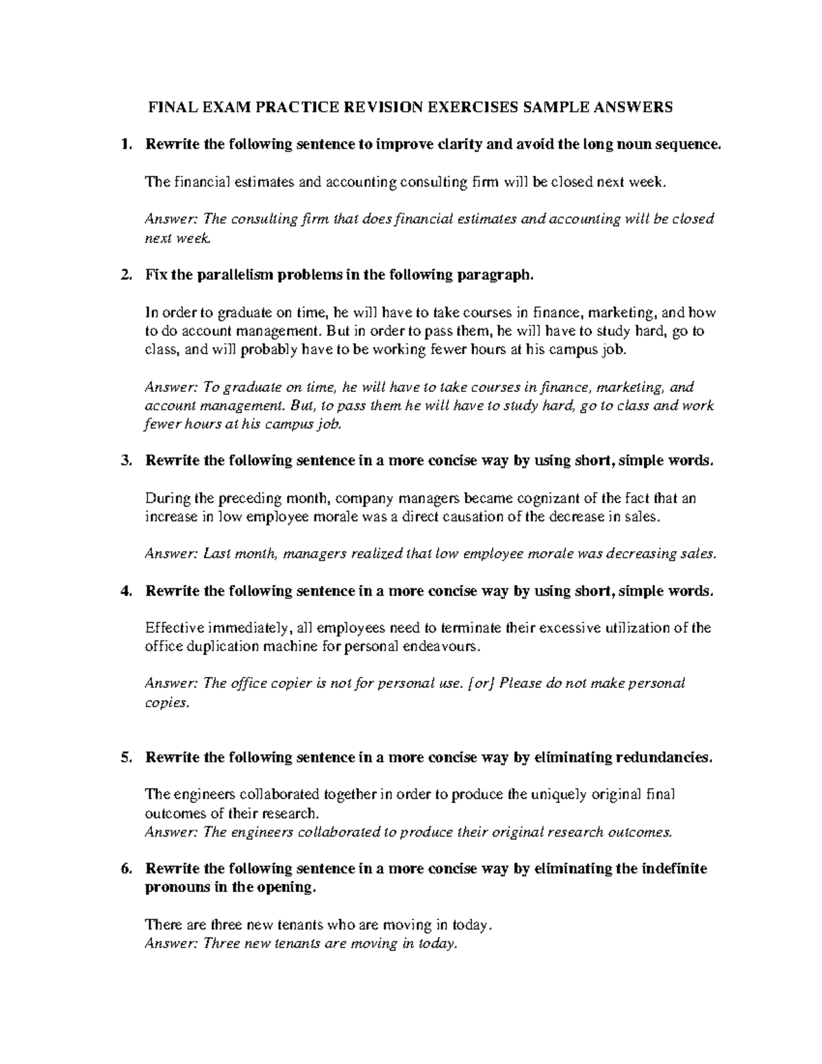 Revision Practice Sample Answers - FINAL EXAM PRACTICE REVISION EXERCISES SAMPLE ANSWERS Rewrite ...