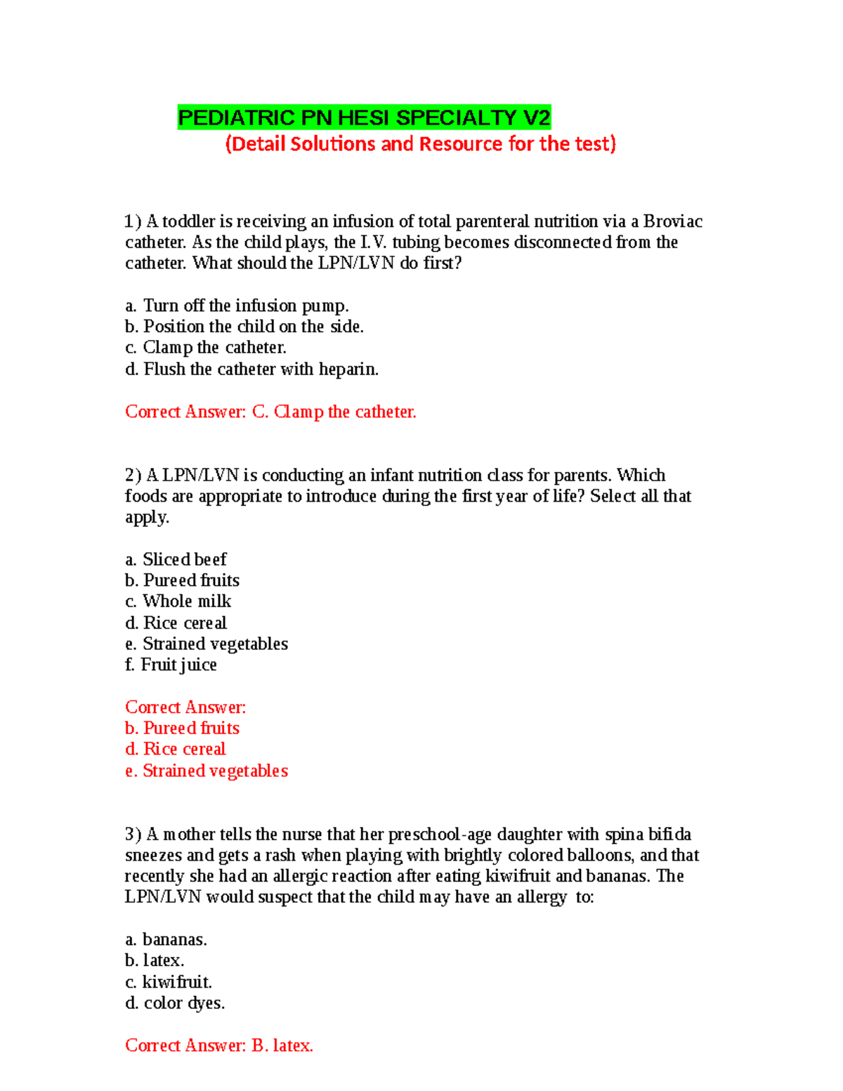 Pediatric PN HESI Specialty V2 - PEDIATRIC PN HESI SPECIALTY V (Detail ...