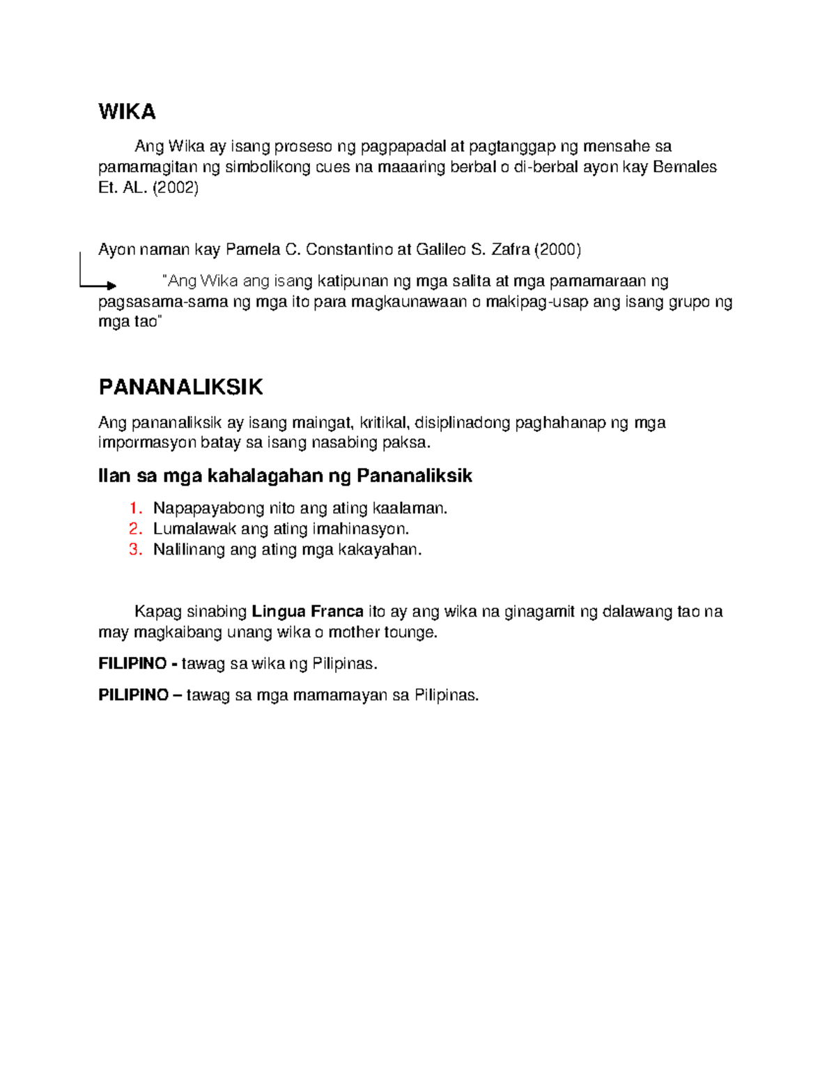 Unang Aralin sa Filipino 001 - WIKA - WIKA Ang Wika ay isang proseso ng ...