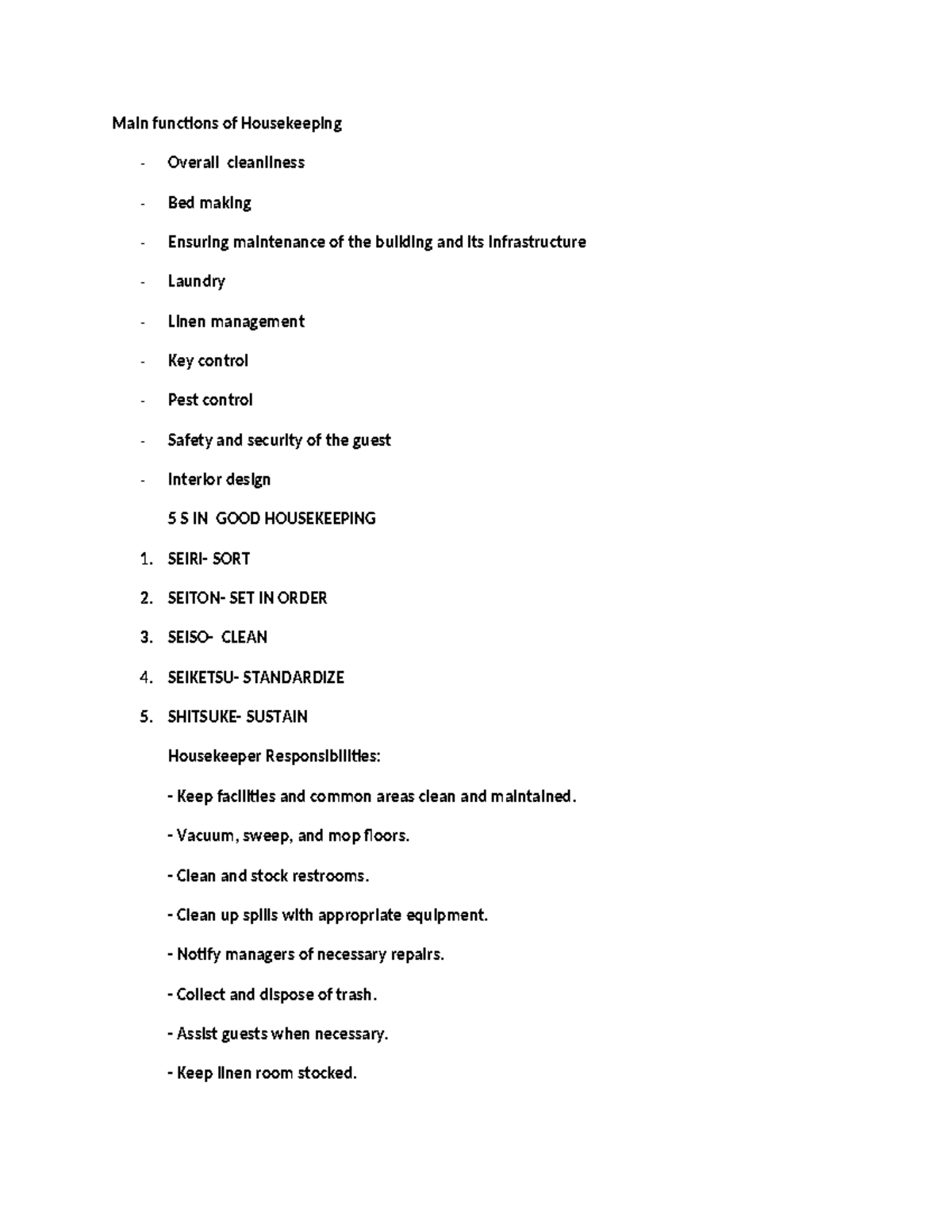 Housekeeping- Reviewer - Main functions of Housekeeping - Overall ...