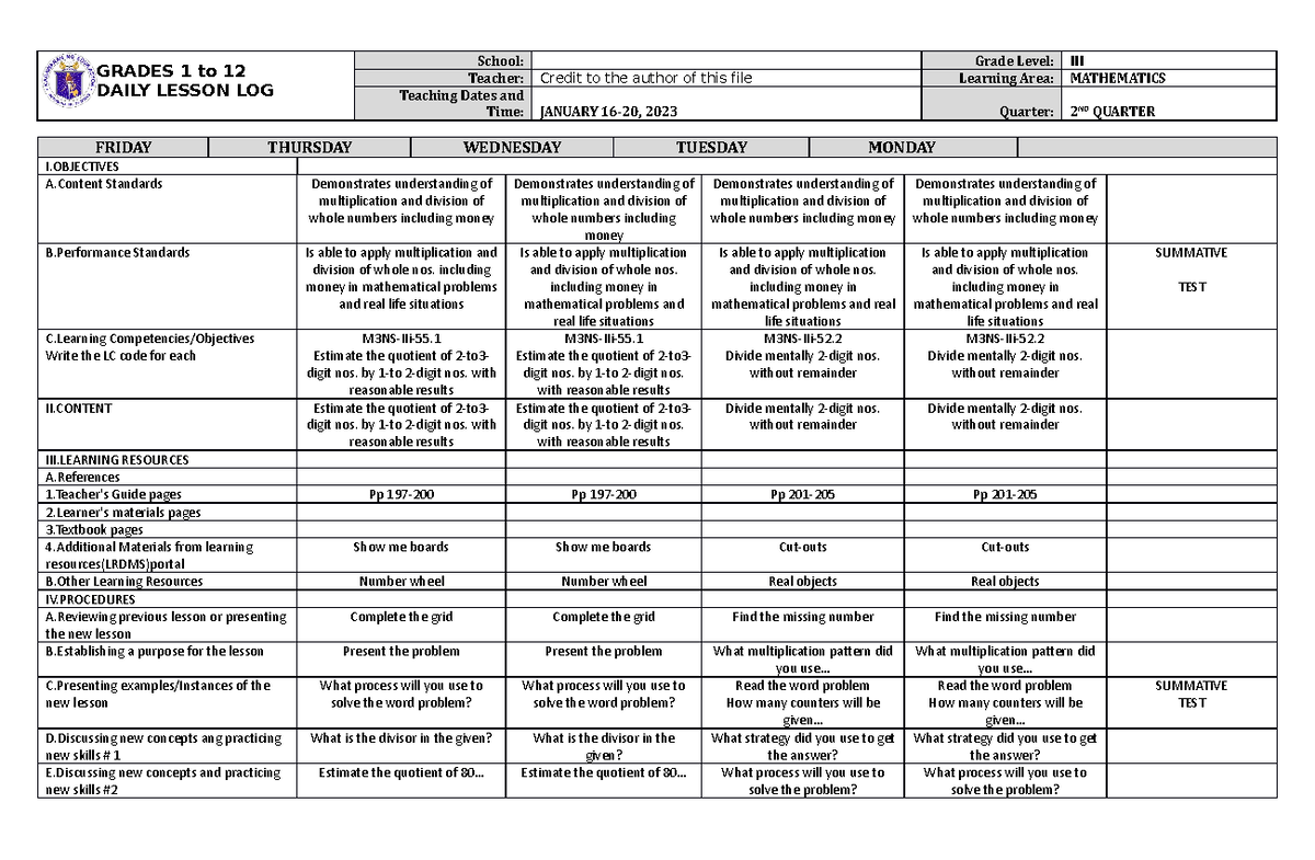 DLL Mathematics 3 Q2 W9 - DAILY LESSON LOG - GRADES 1 to 12 DAILY ...