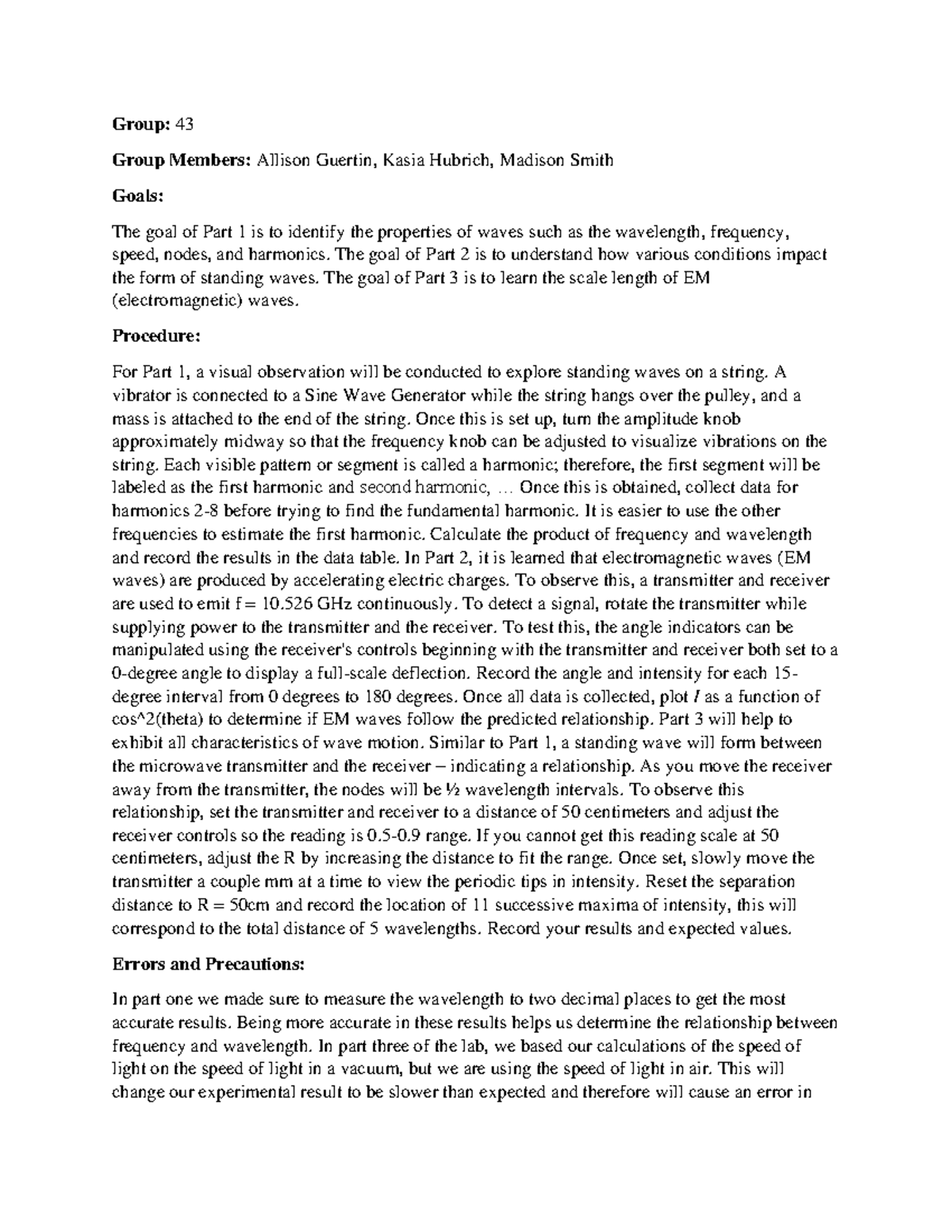 Physics 2 lab 8 - Group: 43 Group Members: Allison Guertin, Kasia ...