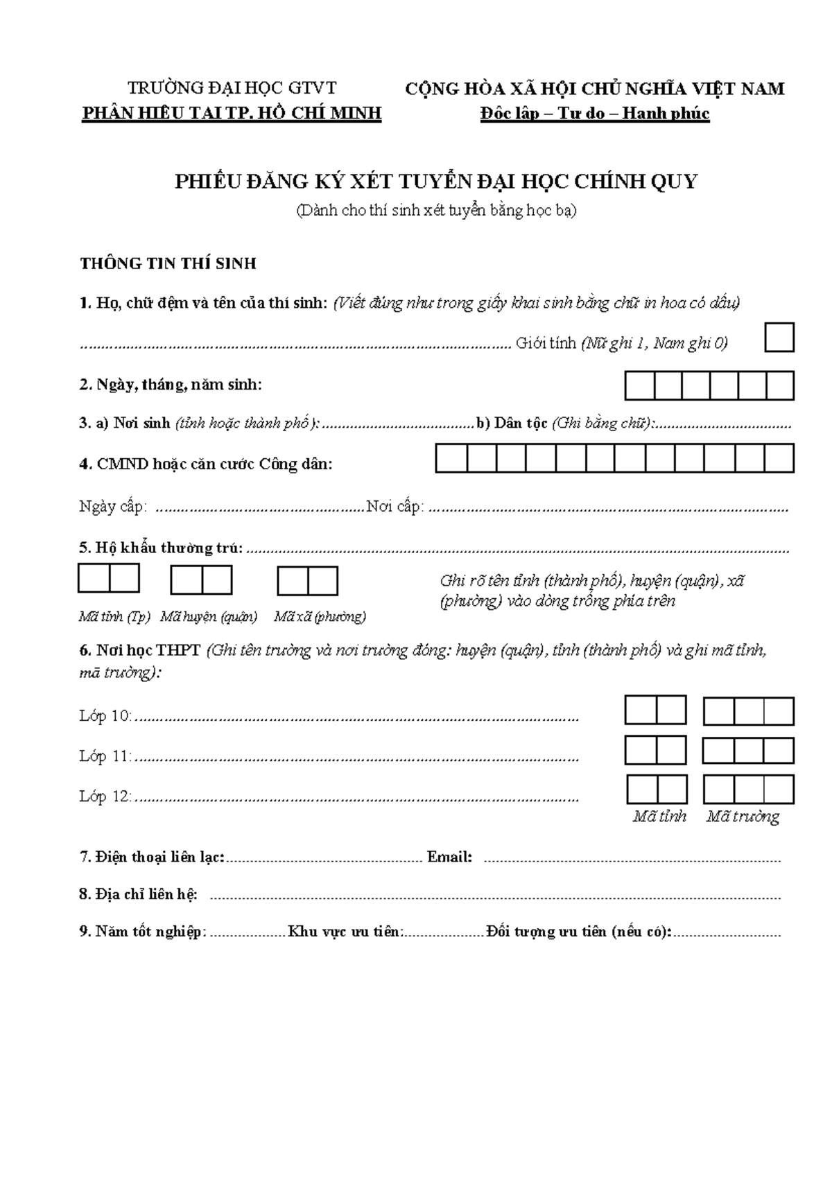 Mau phieu dang ky xet theo hoc ba THPT-nam 2023 - TRƯỜNG ĐẠI HỌC GTVT PHÂN HIỆU TẠI TP. HỒ CHÍ ...