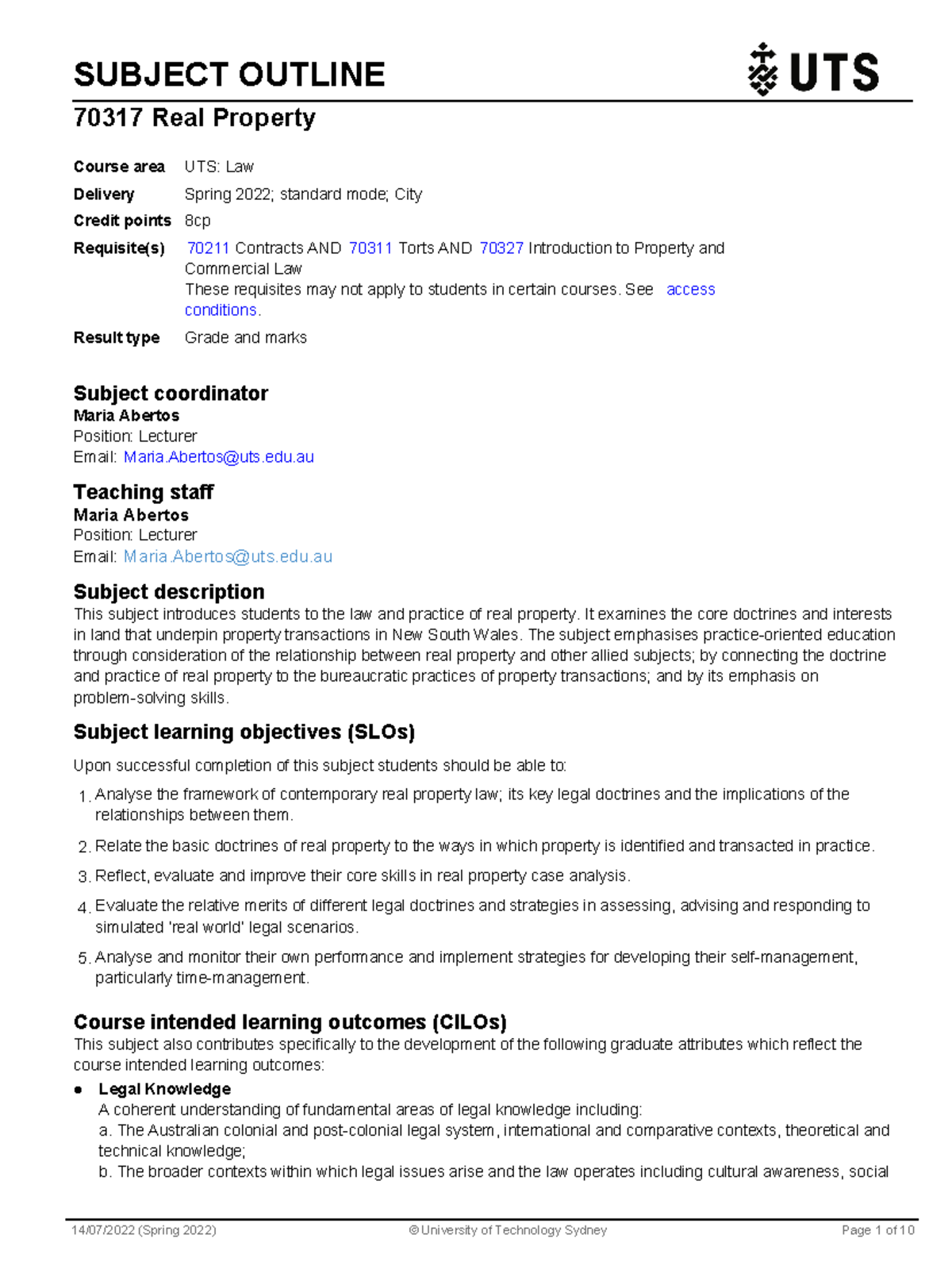 PDFs - Subject Outline - 70317 2022 Spring Session - SUBJECT OUTLINE ...