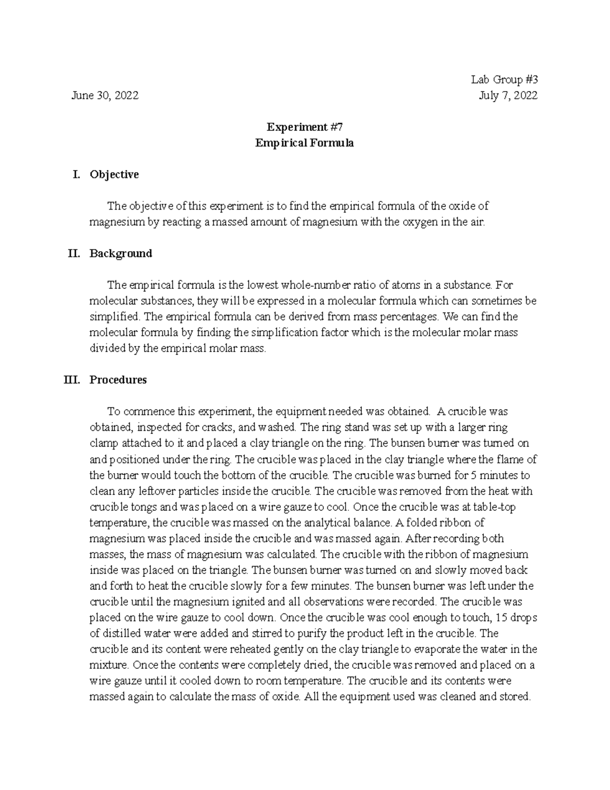Empirical formula - Lab Group # June 30, 2022 July 7, 2022 Experiment ...