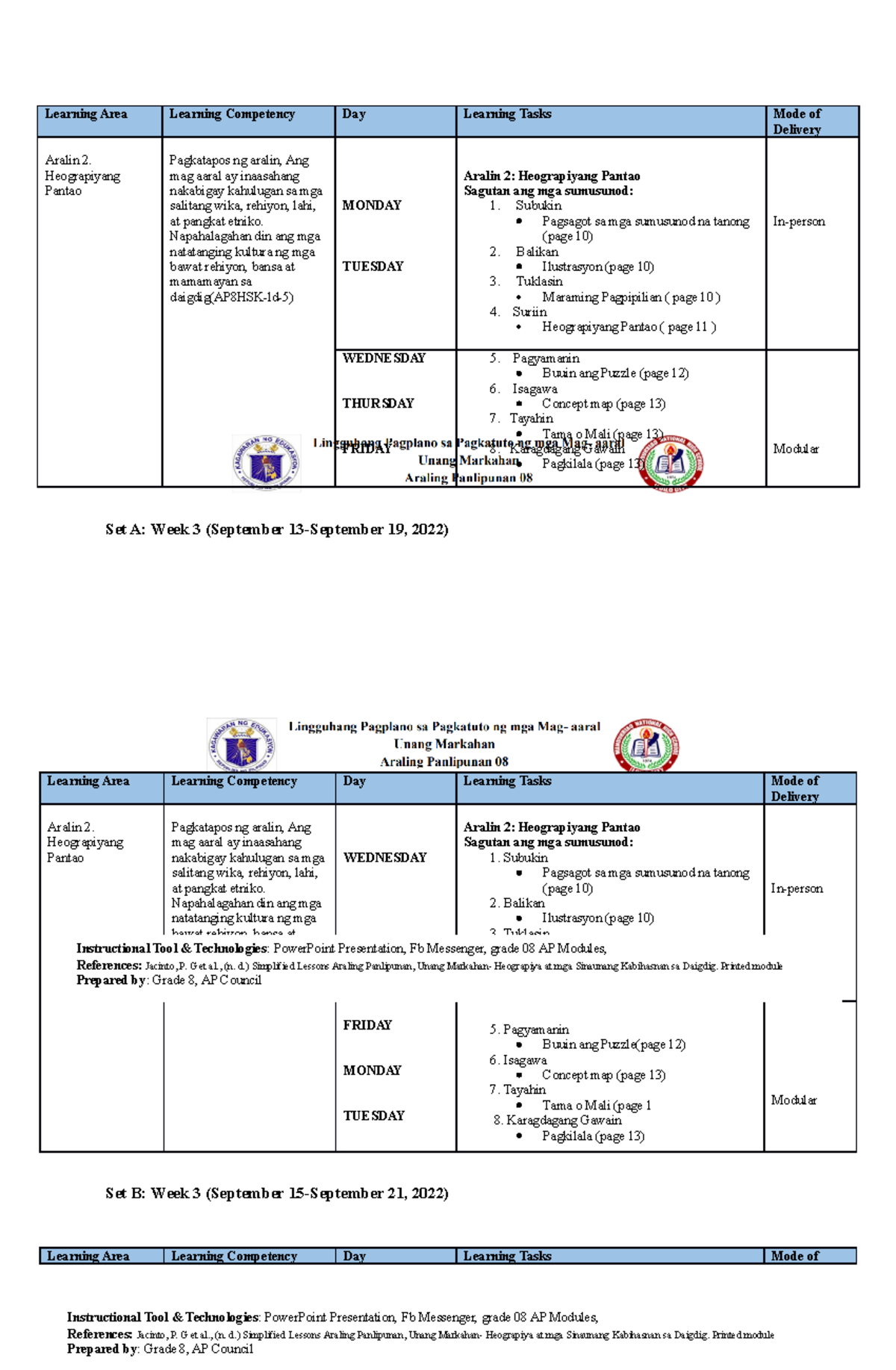 Grade-08-AP -Weekly-learning-Plan 2022-2023 - Learning Area Learning ...