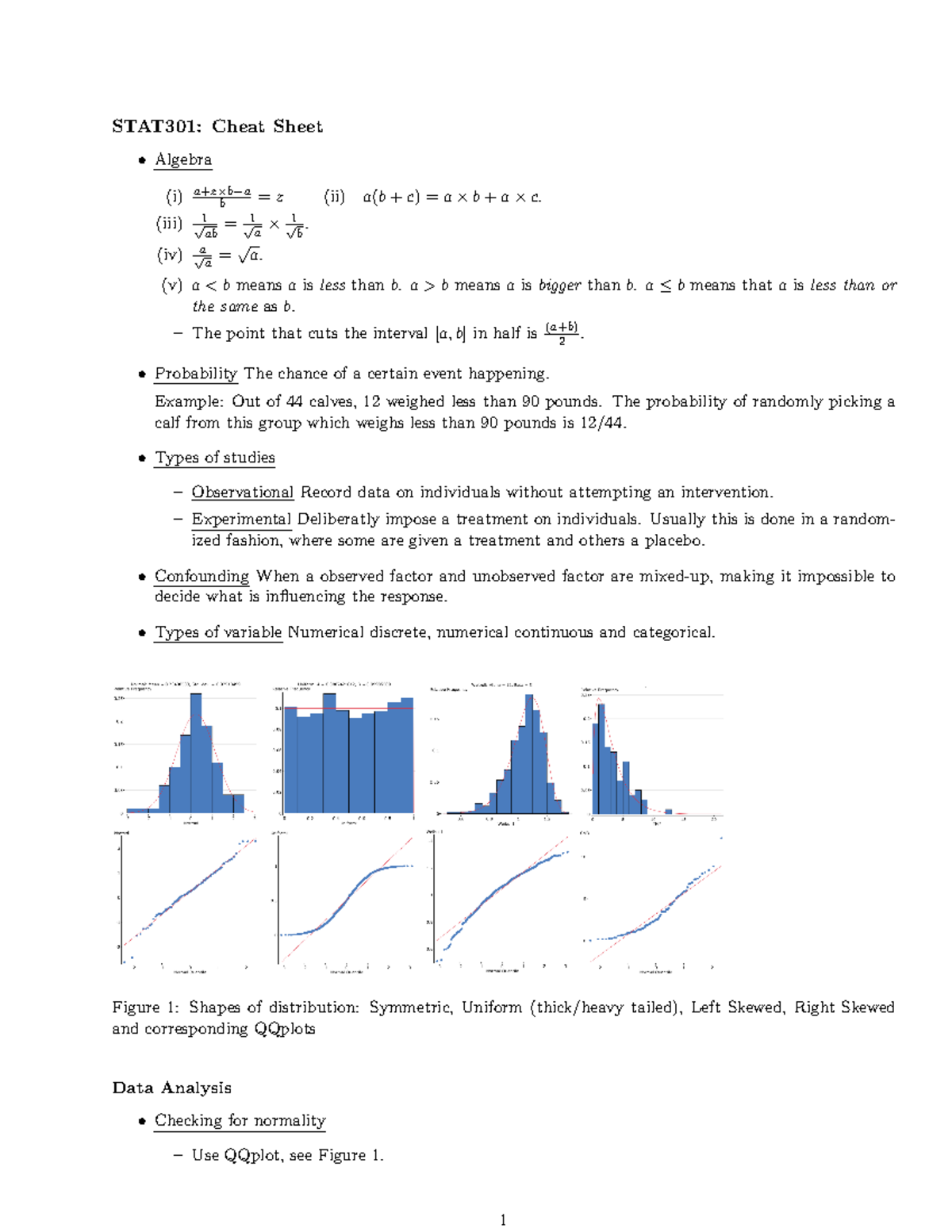 Cheatsheet CI testing - STAT301: Cheat Sheet Algebra (i) a+z×bb−a=z (ii ...