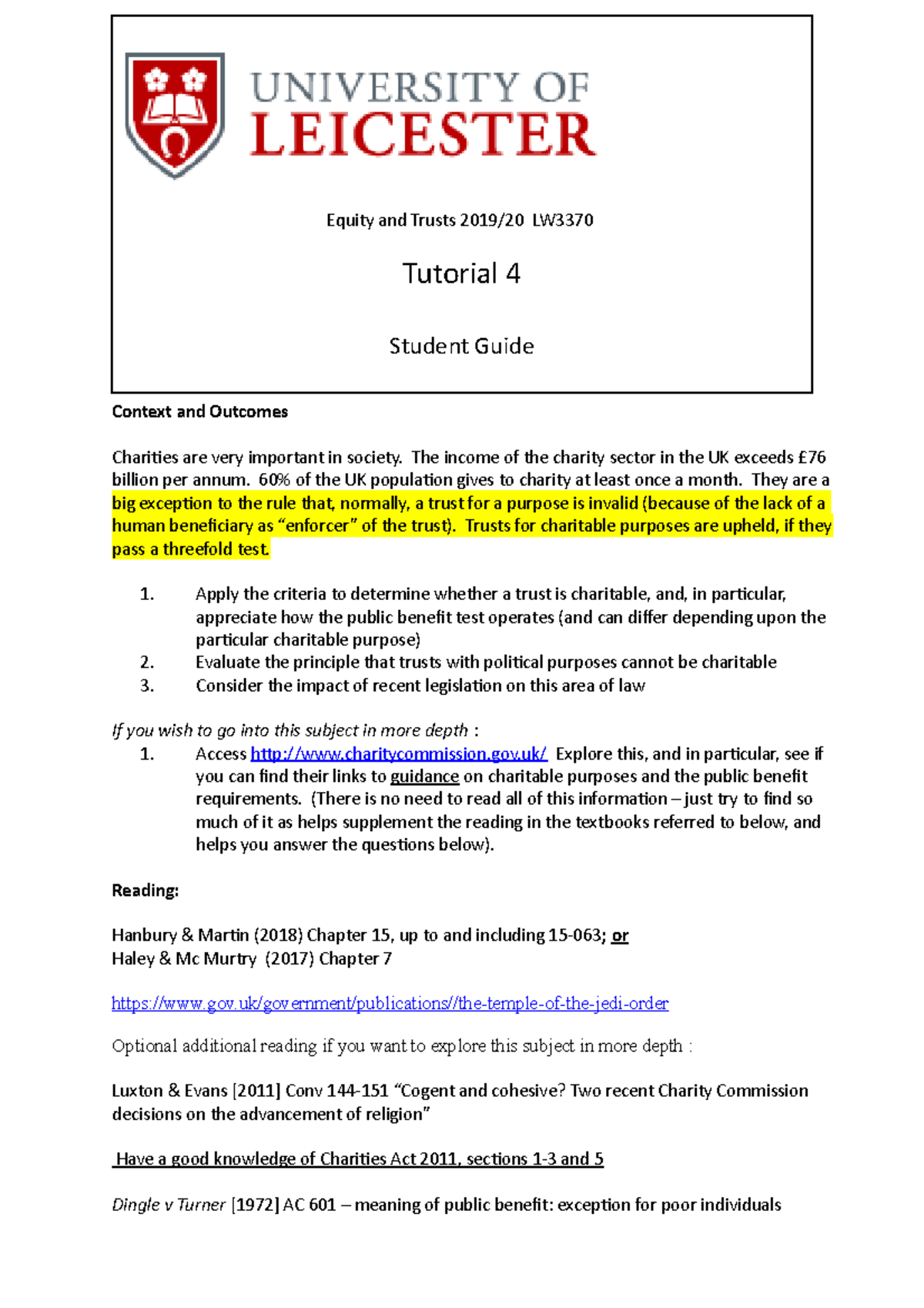 Equity Tutorial 4 - Context and Outcomes Charities are very important ...