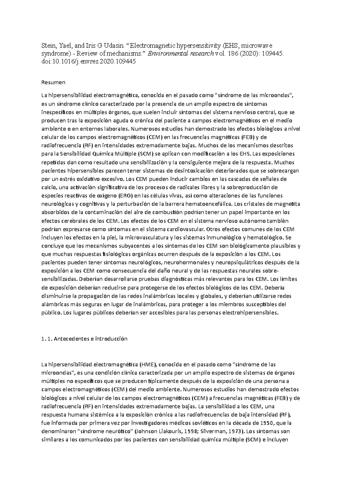 Stein 2020 “Electromagnetic hypersensitivity (EHS, microwave syndrome ...