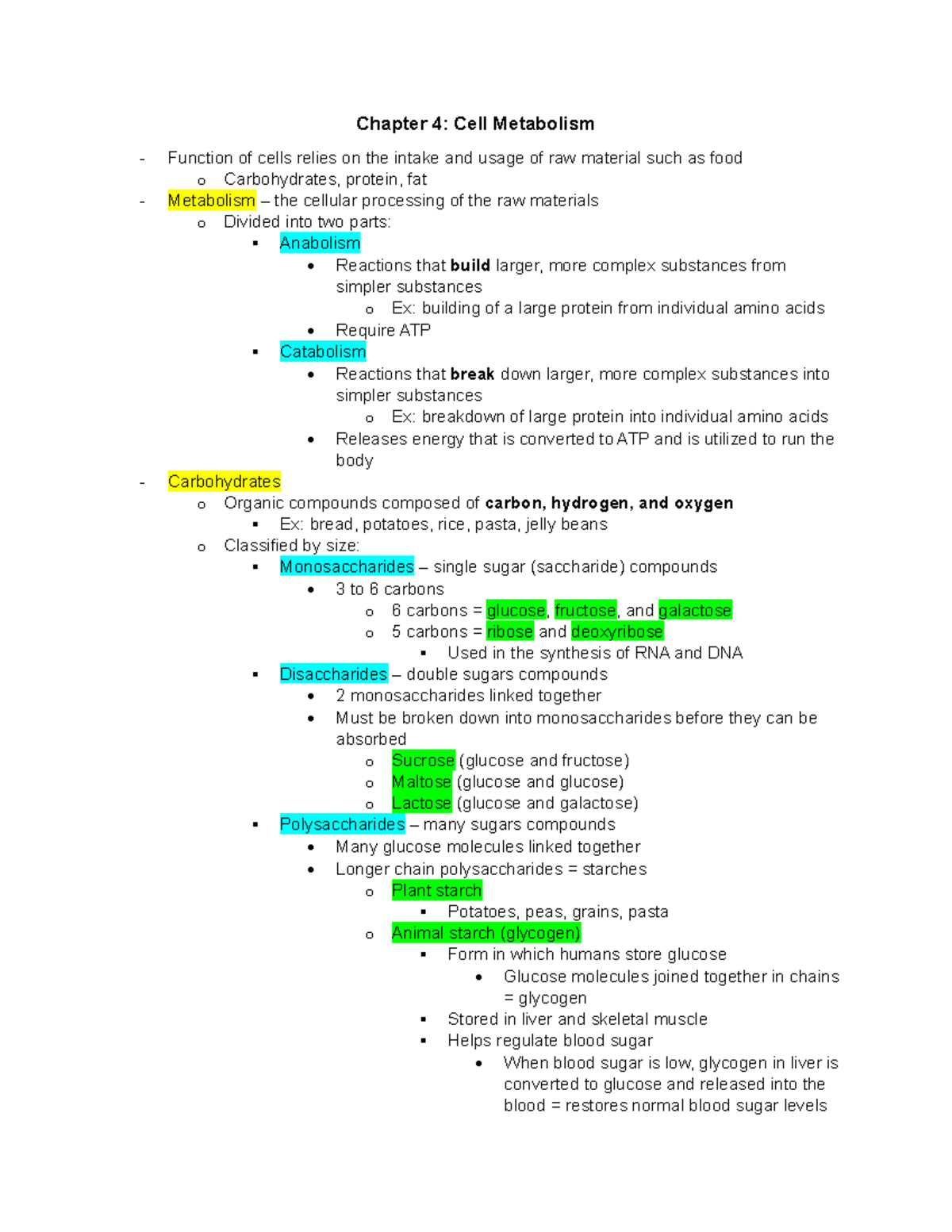 Chapter 4 - Metabolism - Based off The human body in health and illness ...