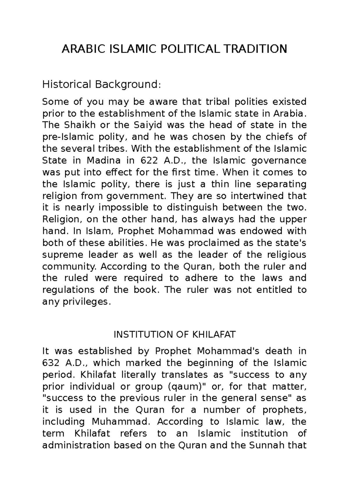 Arabic Islamic Political Traditional - Political Science - AMU - Studocu