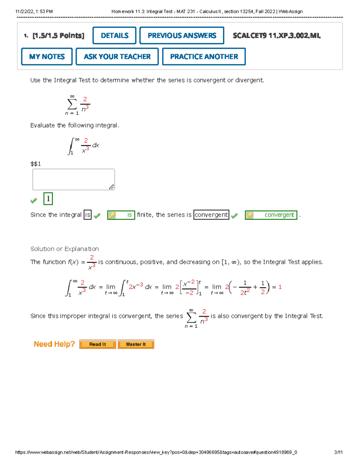 Calculus II Homework 11.3 Integral Test - MAT 231 - section 13254, Fall ...
