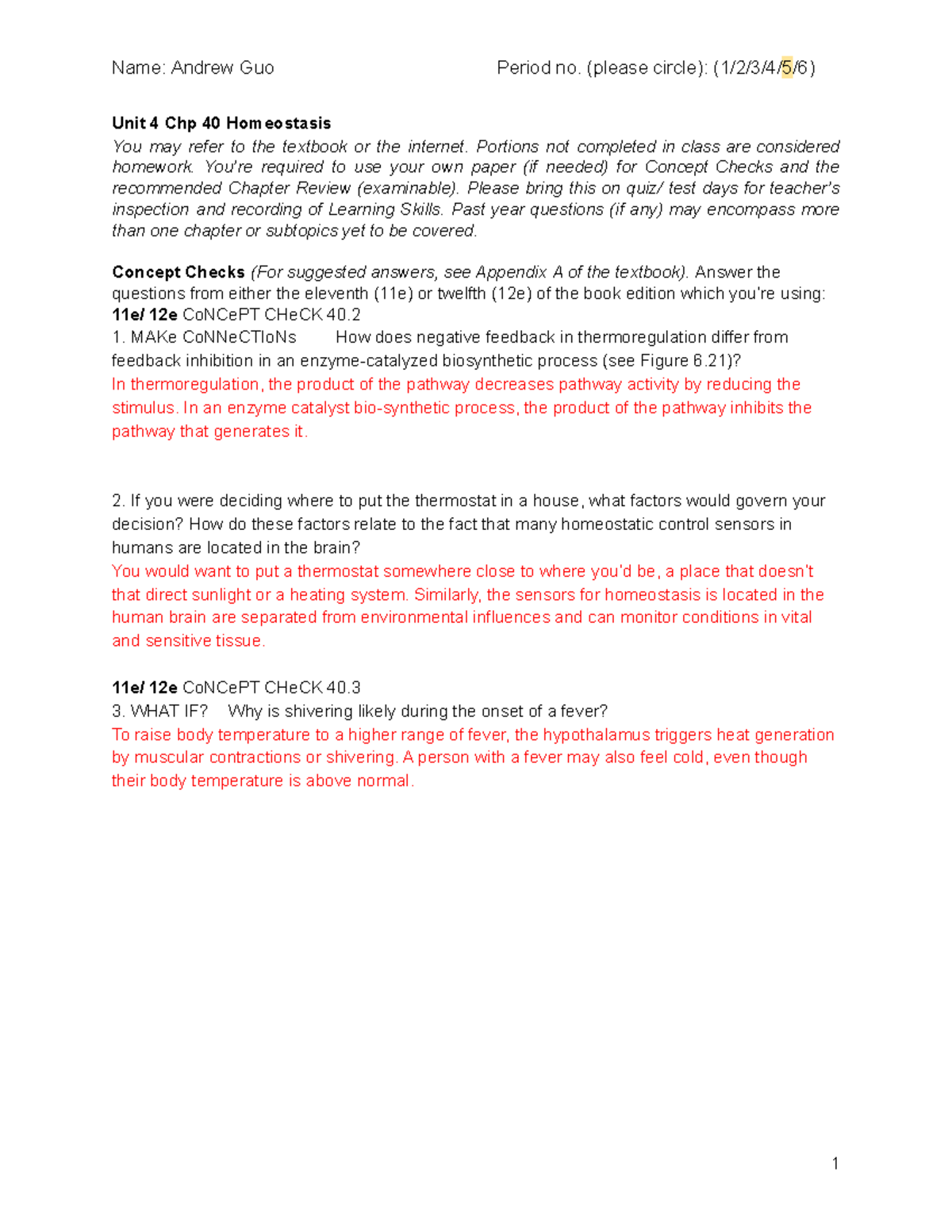 Unit 4 Chp 40 Homeostasis worksheet - Name: Andrew Guo Period no ...