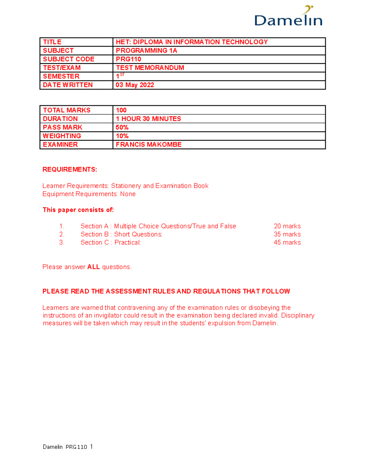 Diploma in IT - Programming 1A - Memo - TITLE HET: DIPLOMA IN ...