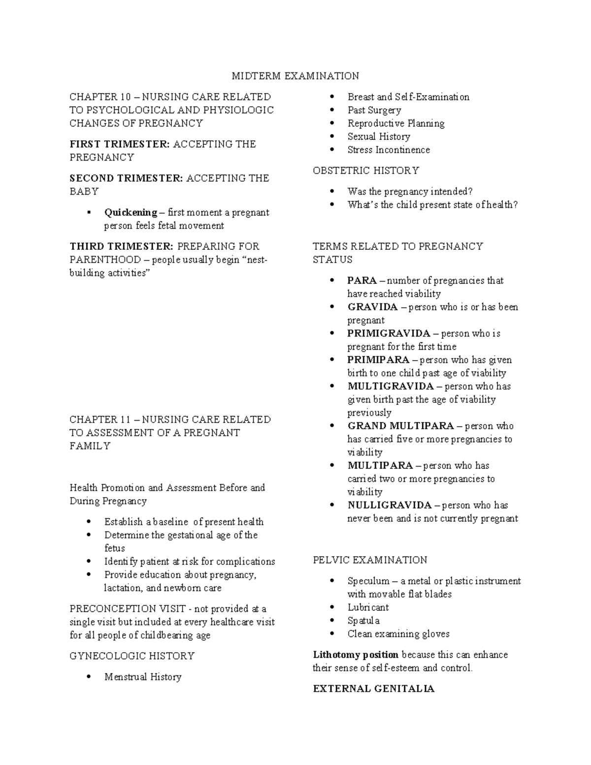 Midterm Examination - MCN - MIDTERM EXAMINATION CHAPTER 10 – NURSING ...