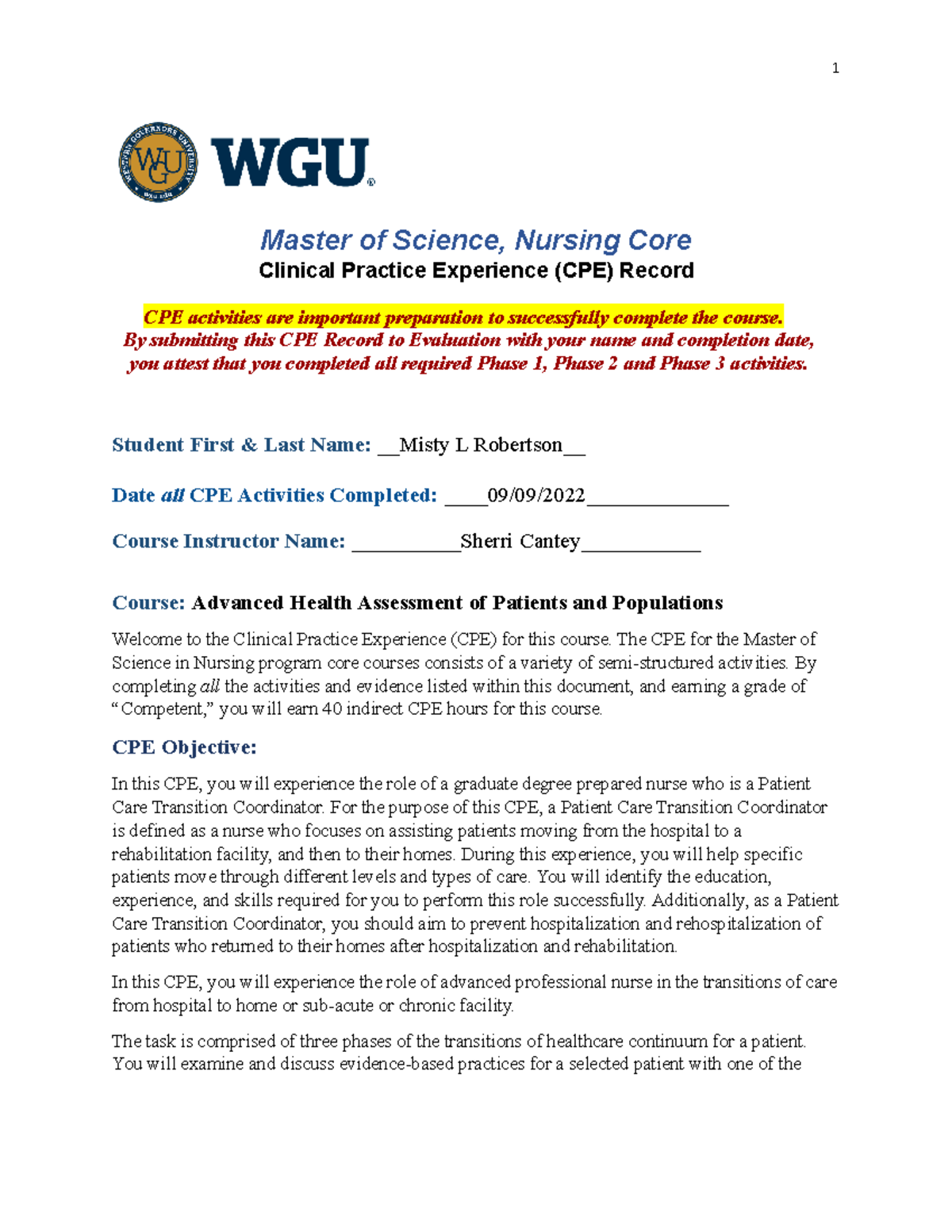 CPE Record for D028 (MLR) - Master of Science, Nursing Core Clinical ...