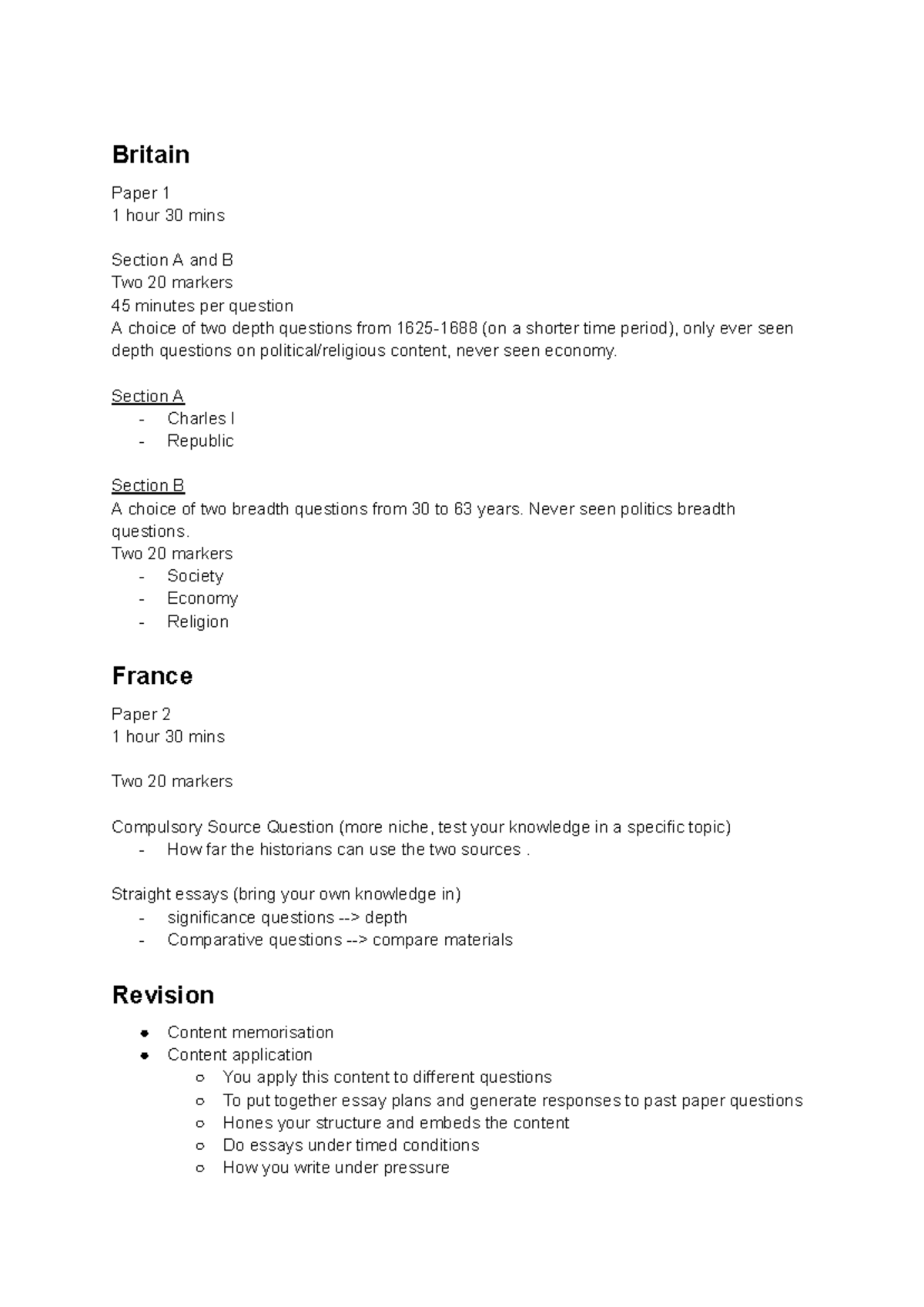 History Revision - Britain Paper 1 1 hour 30 mins Section A and B Two ...