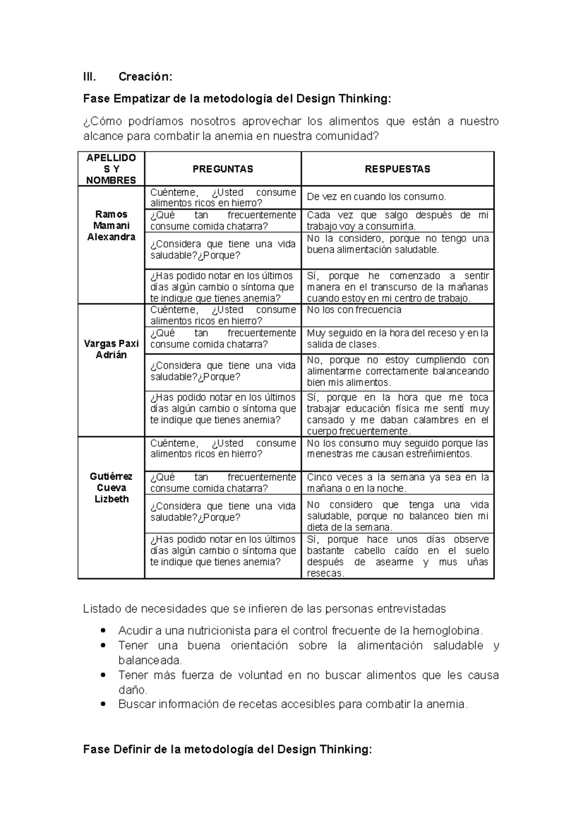 Batidos contra la anemia - III. Creación: Fase Empatizar de la metodología del Design Thinking ...