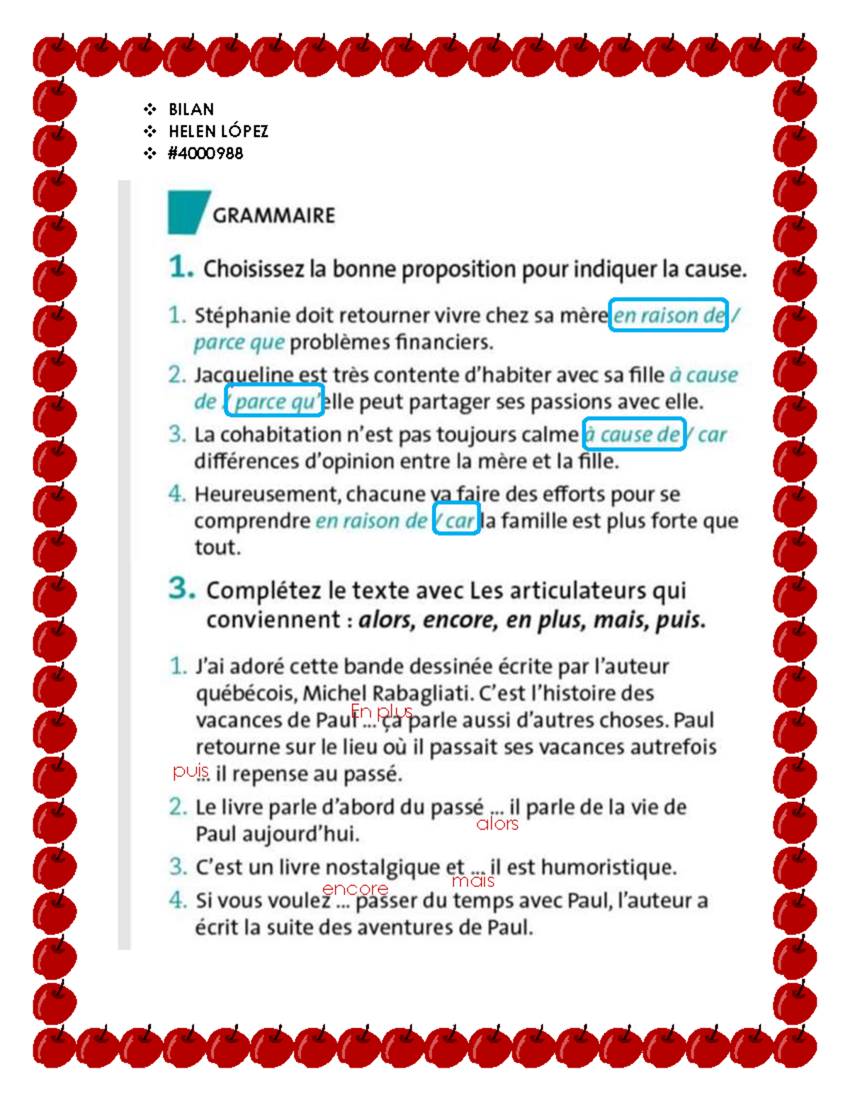 Bilan unité 8 - calusac 3a - BILAN HELEN LÓPEZ alors mais puis encore ...