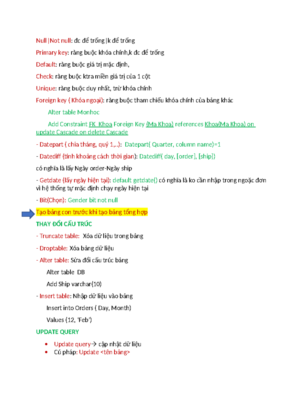 NỘi Dung Csdl Summary Cơ Sở Dữ Liệu Nullnot Null đc để Trốngk để Trống Primary Key Ràng