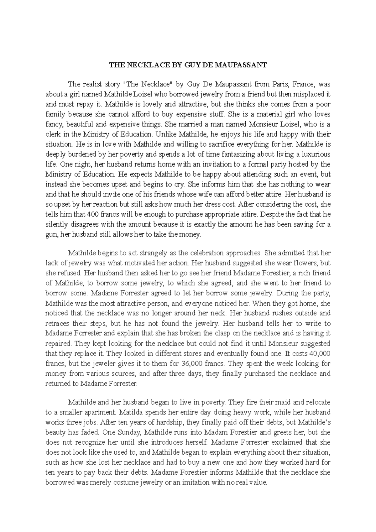 Analysis necklace - THE NECKLACE BY GUY DE MAUPASSANT The realist story ...