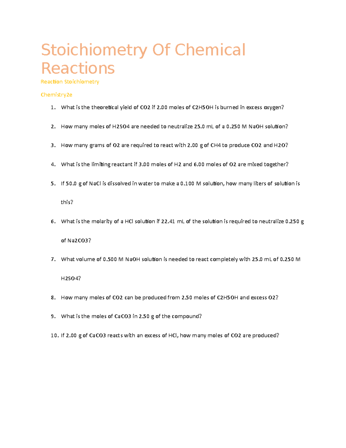 Stoichiometry Of Chemical Reactions - Stoichiometry Of Chemical ...
