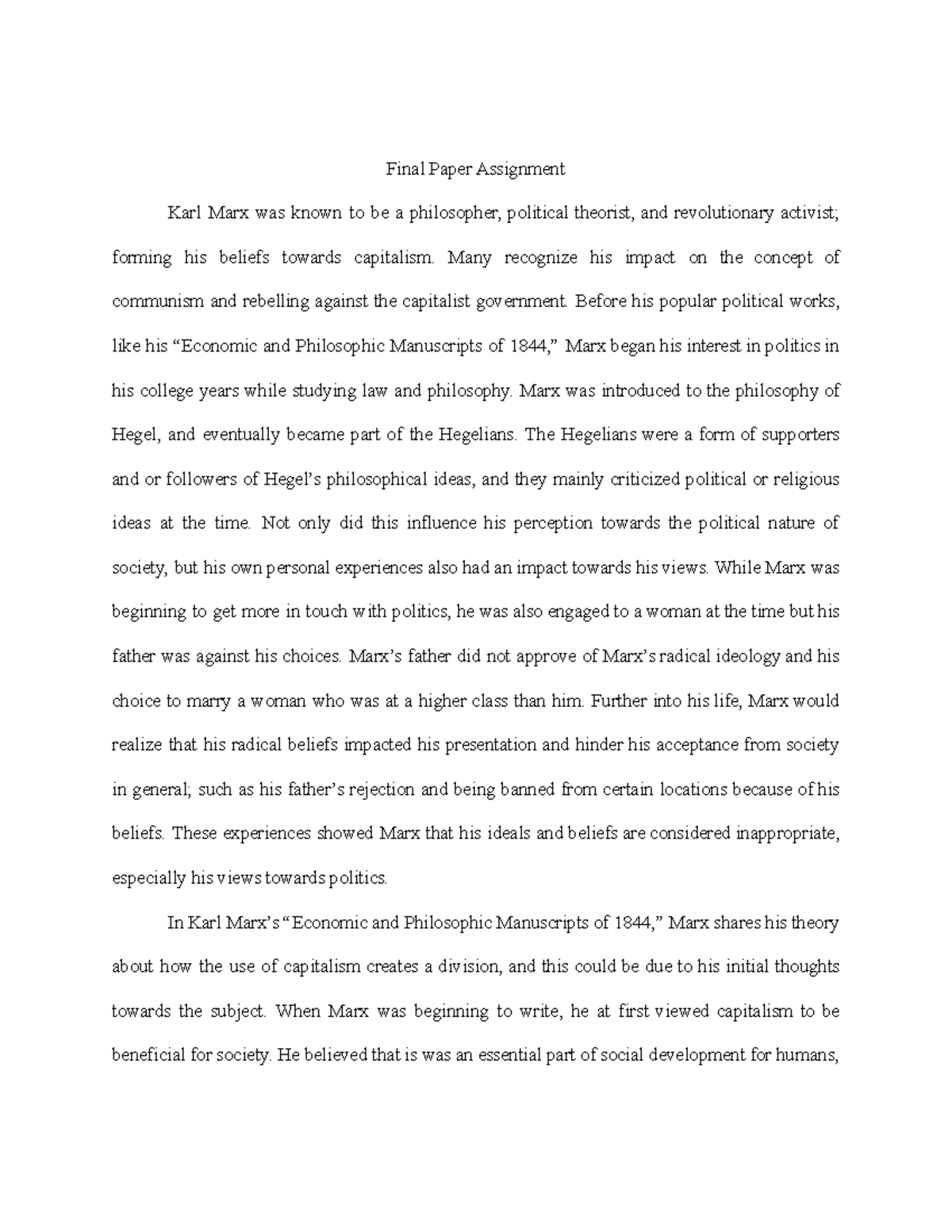 Karl Marx Final Paper - Essay on Karl Marx's Economic and Philosophical ...