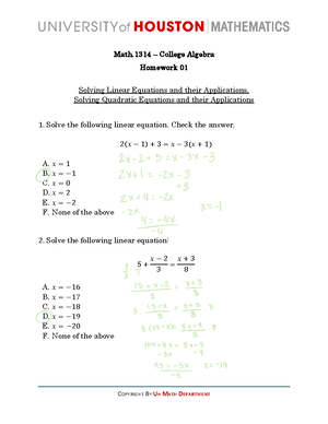Linear and Quadratic Equations - I. Introduction: A. Linear equations ...
