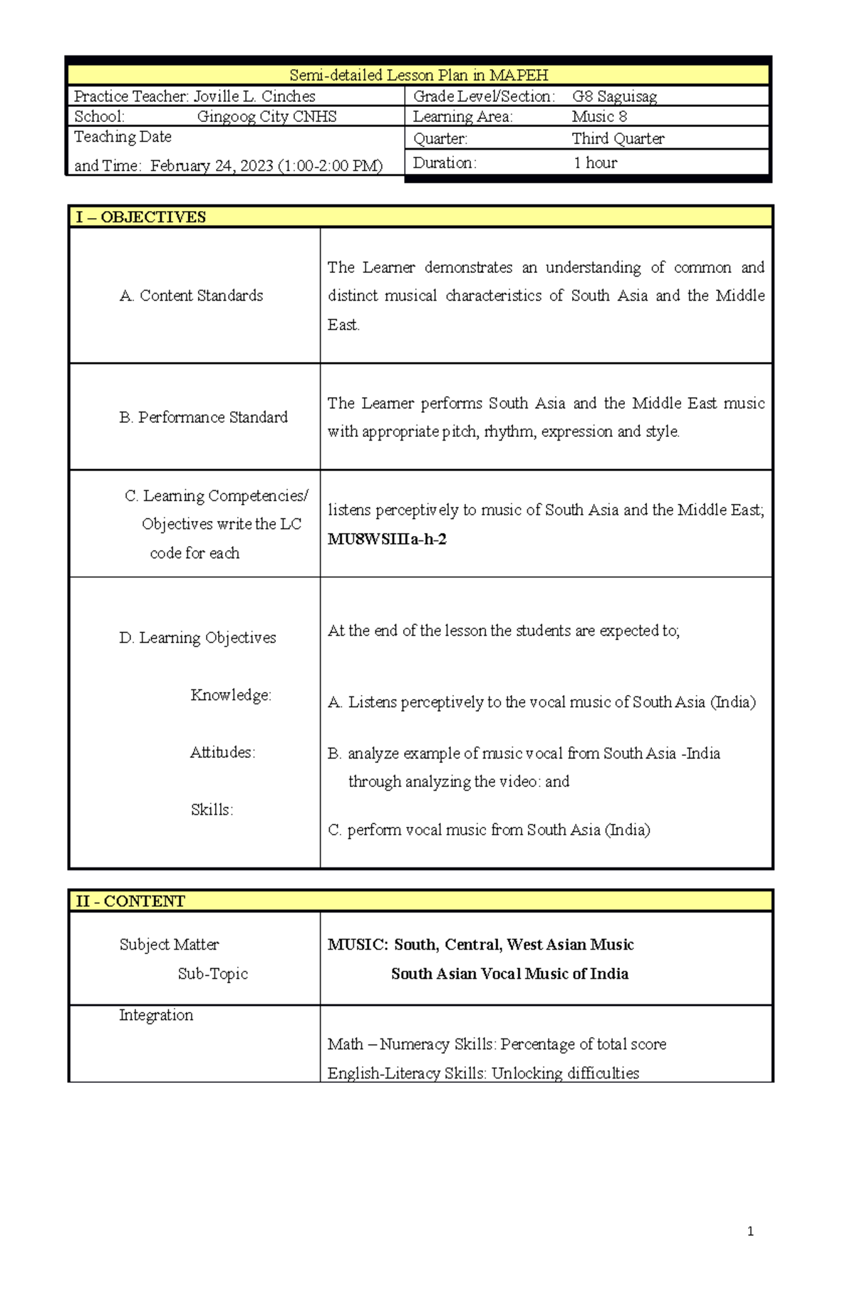 Musicccccc - Lesson plan - Semi-detailed Lesson Plan in MAPEH Practice ...