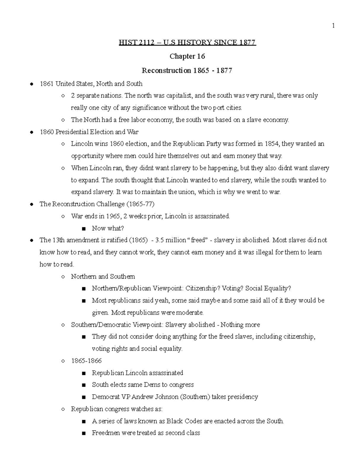 HIST 2112 Notes (CH 16-18) - HIST 2112 – U HISTORY SINCE 1877 Chapter ...