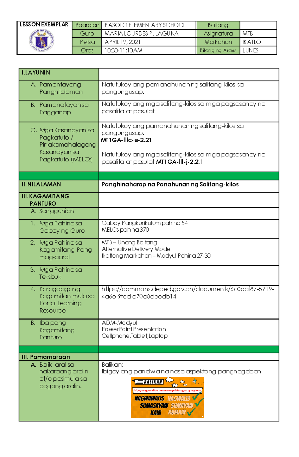 Lesson Exemplar SA MTB1 COT1 - LESSON EXEMPLAR Paaralan PASOLO ELEMENTARY SCHOOL Baitang 1 Guro ...