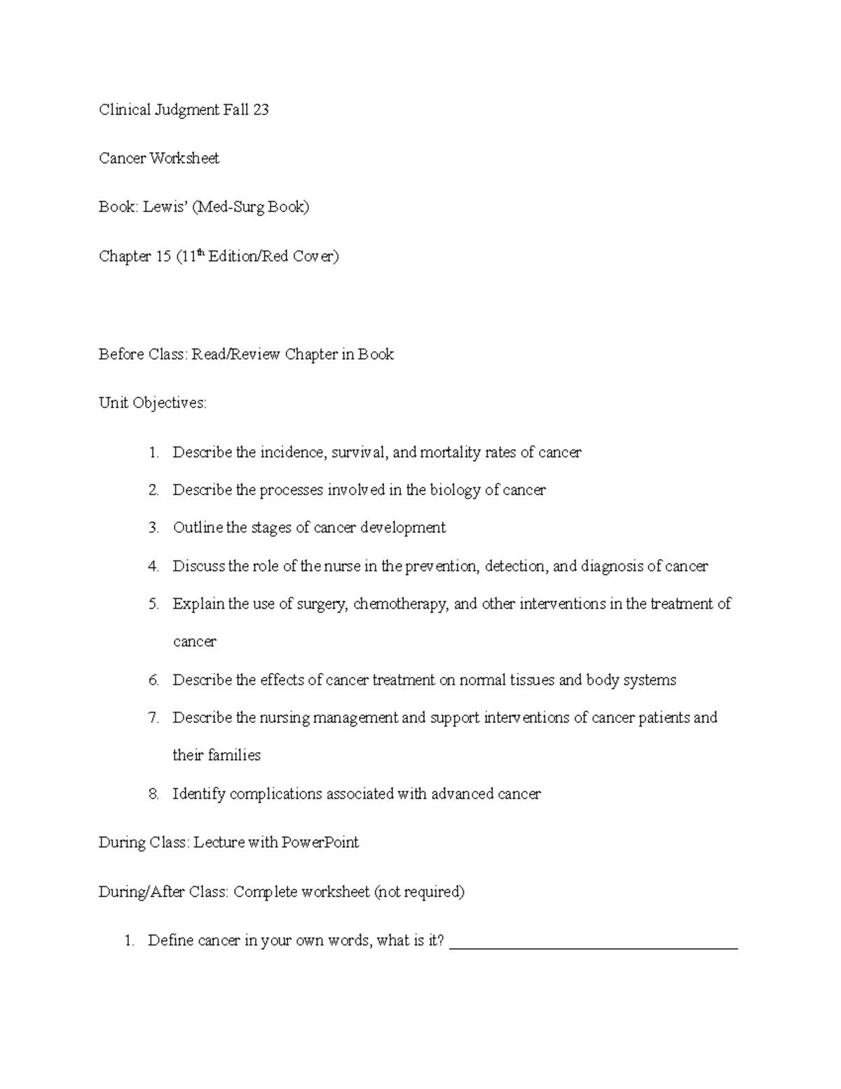 CJCancer Worksheet - Clinical Judgment Fall 23 Cancer Worksheet Book ...
