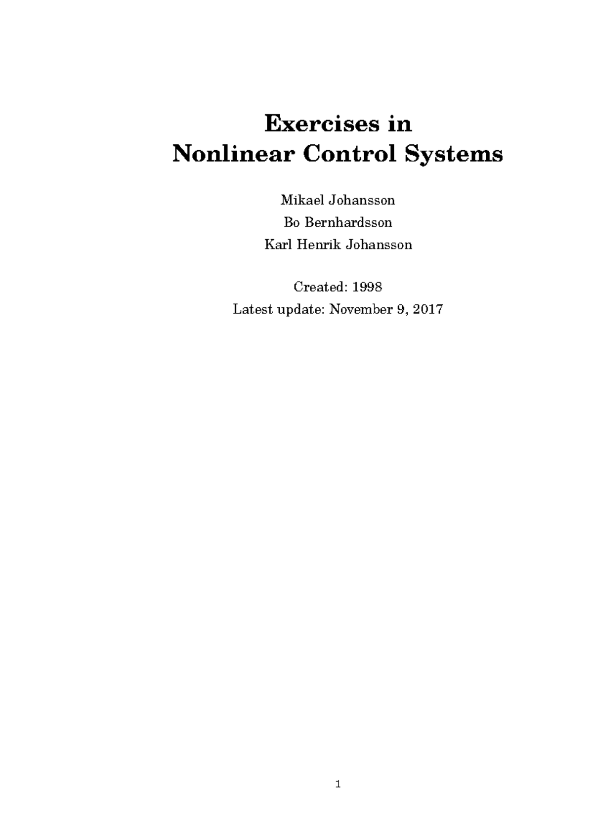 Compendium - Exercises in Nonlinear Control Systems Mikael Johansson Bo Bernhardsson Karl Henrik ...