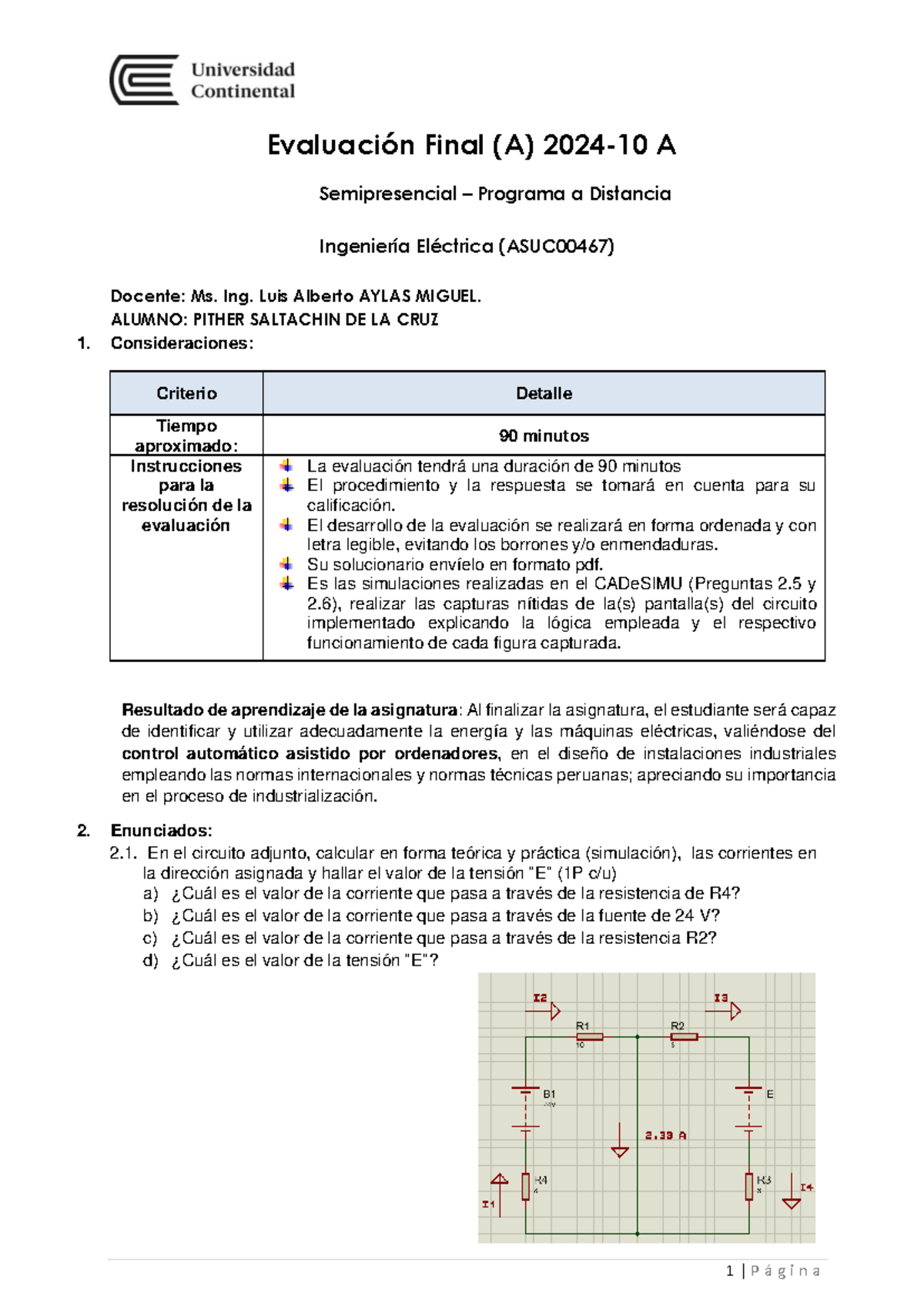 Evaluación final Ingeniería Eléctrica - Evaluación Final (A) 2024 - 10 A Semipresencial ...