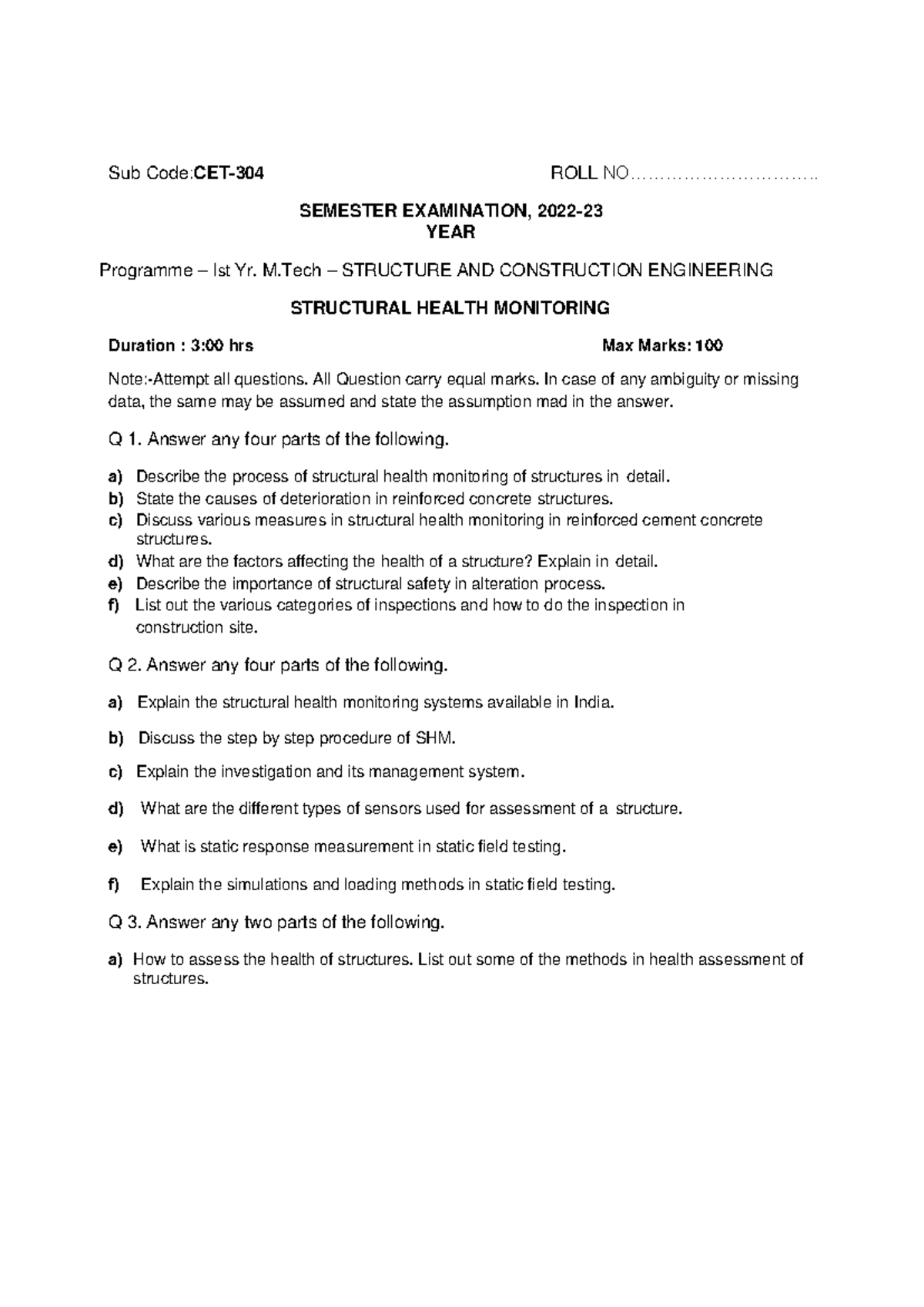 Structural- Health- Monitoring - Sub Code:CET-304 ROLL NO ...