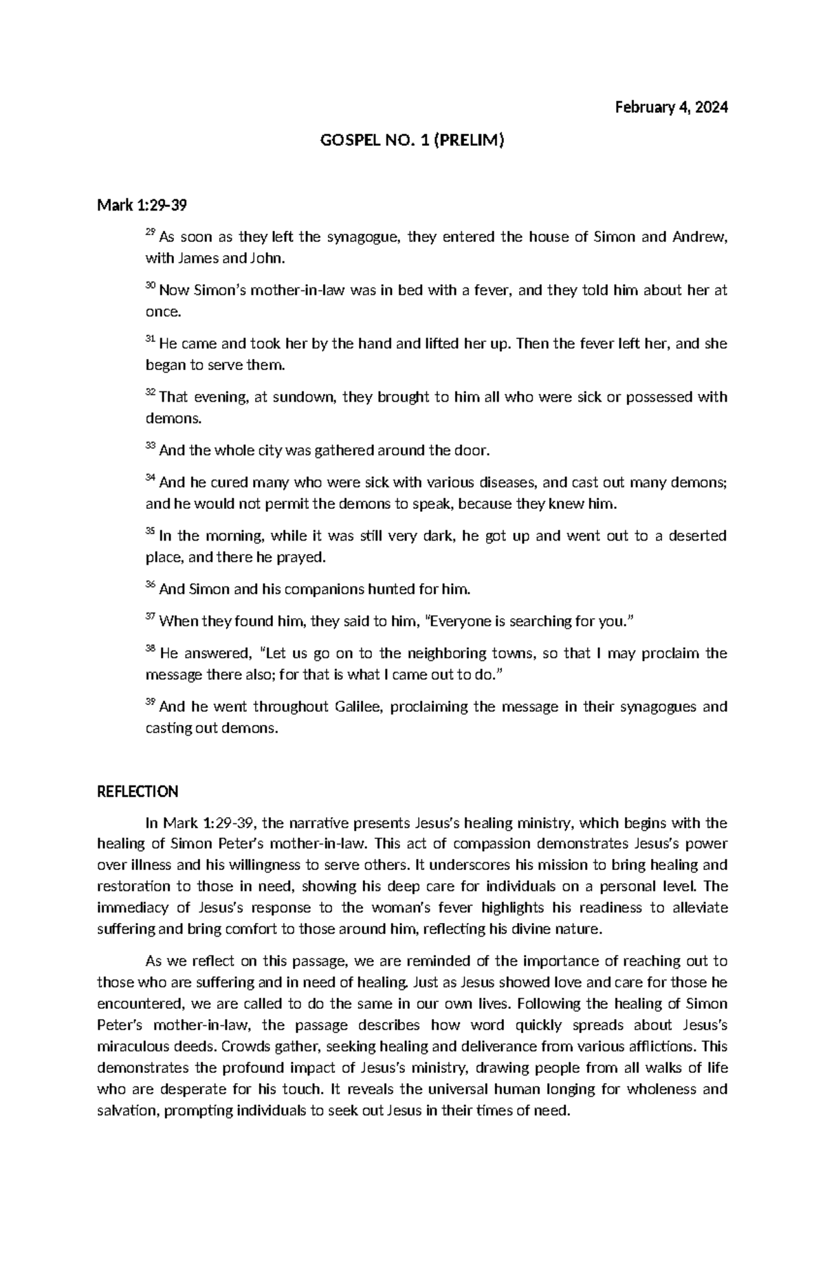 FCL- Prelim-1 - lecture notes fcl - February 4, 2024 GOSPEL NO. 1 ...