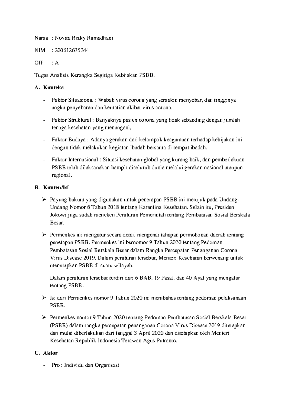 Analisis Kerangka Kebijakan PSBB Novita Rizky Ramadhani 2006 12635244 A ...