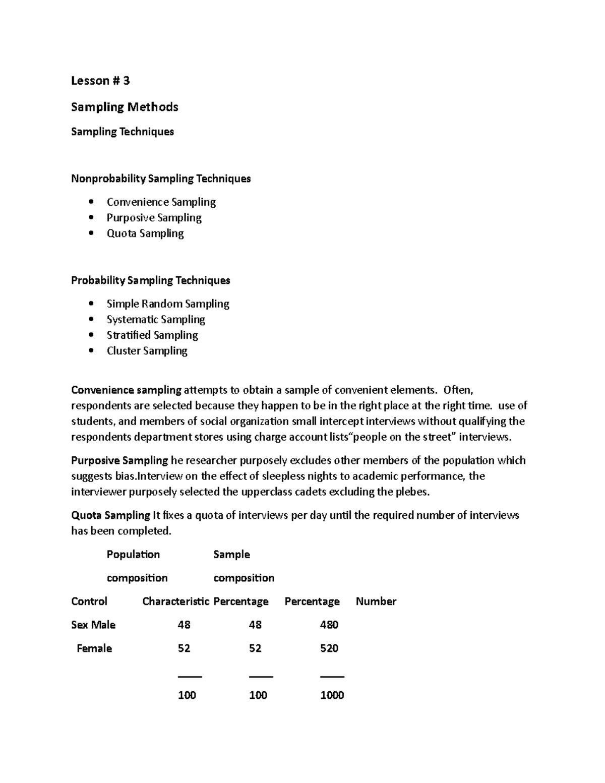 Lesson 3 Sampling Techniques - Lesson # 3 Sampling Methods Sampling Techniques Nonprobability ...