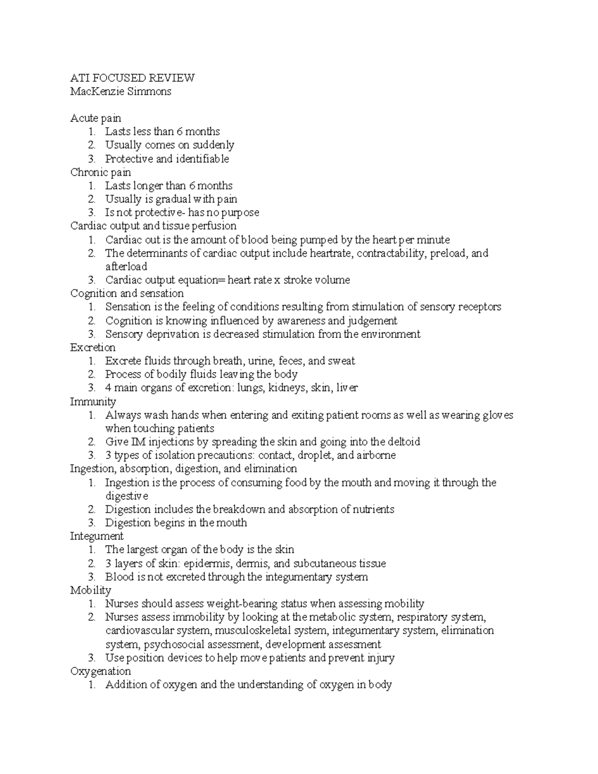 ATI Focused Review - ATI FOCUSED REVIEW MacKenzie Simmons Acute pain 1 ...