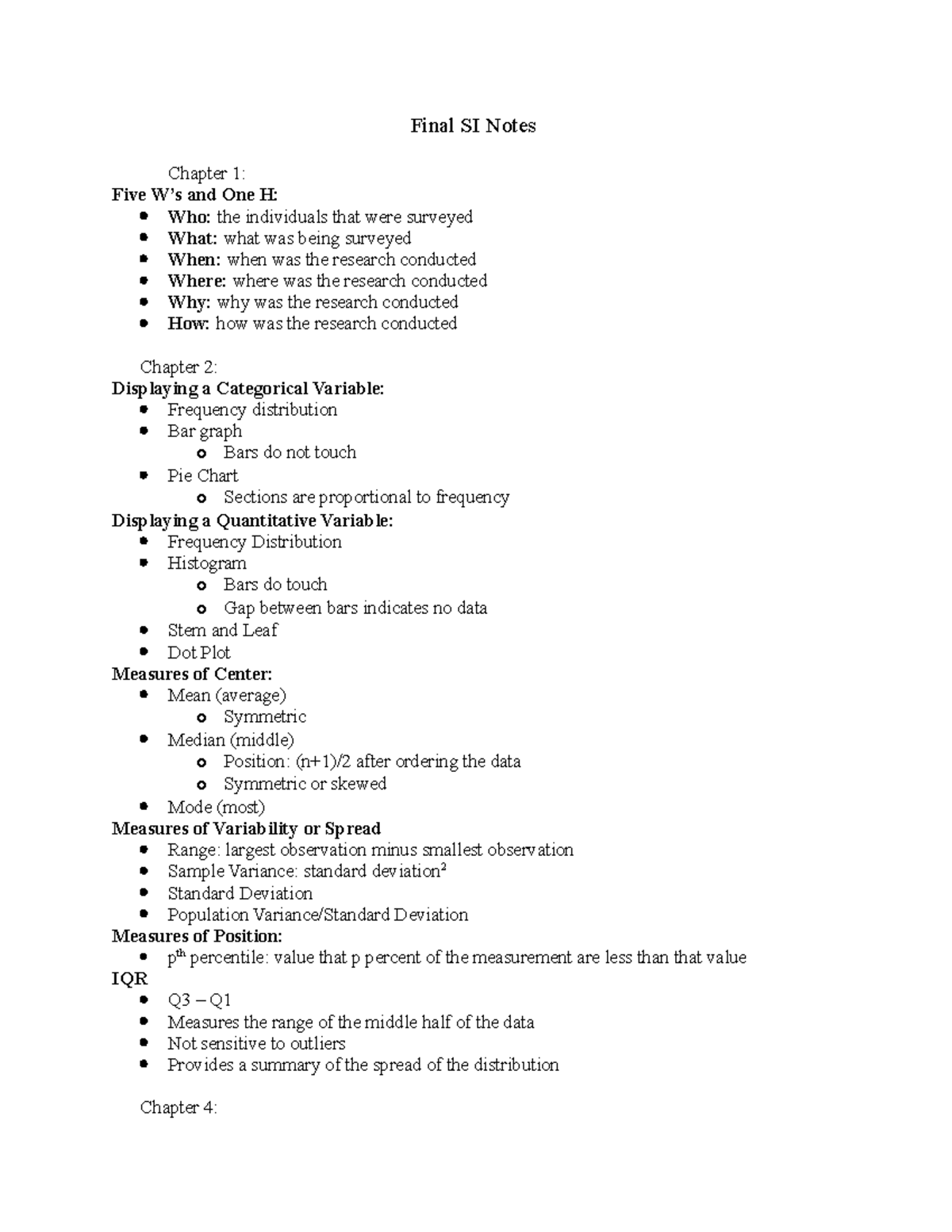 MTH 207 Final Notes - Final SI Notes Chapter 1: Five W’s and One H: Who ...
