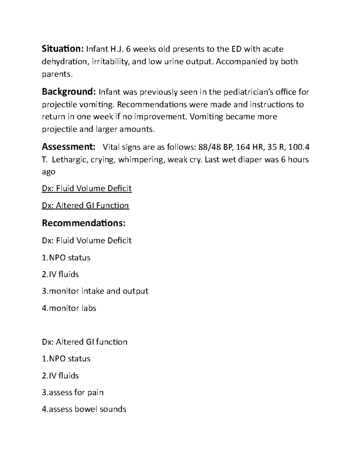 SBAR #1 - sbar - Situation: Infant H. 6 weeks old presents to the ED ...