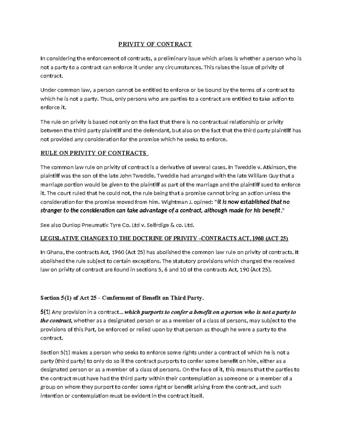 Contract - tutorial - PRIVITY OF CONTRACT In considering the ...