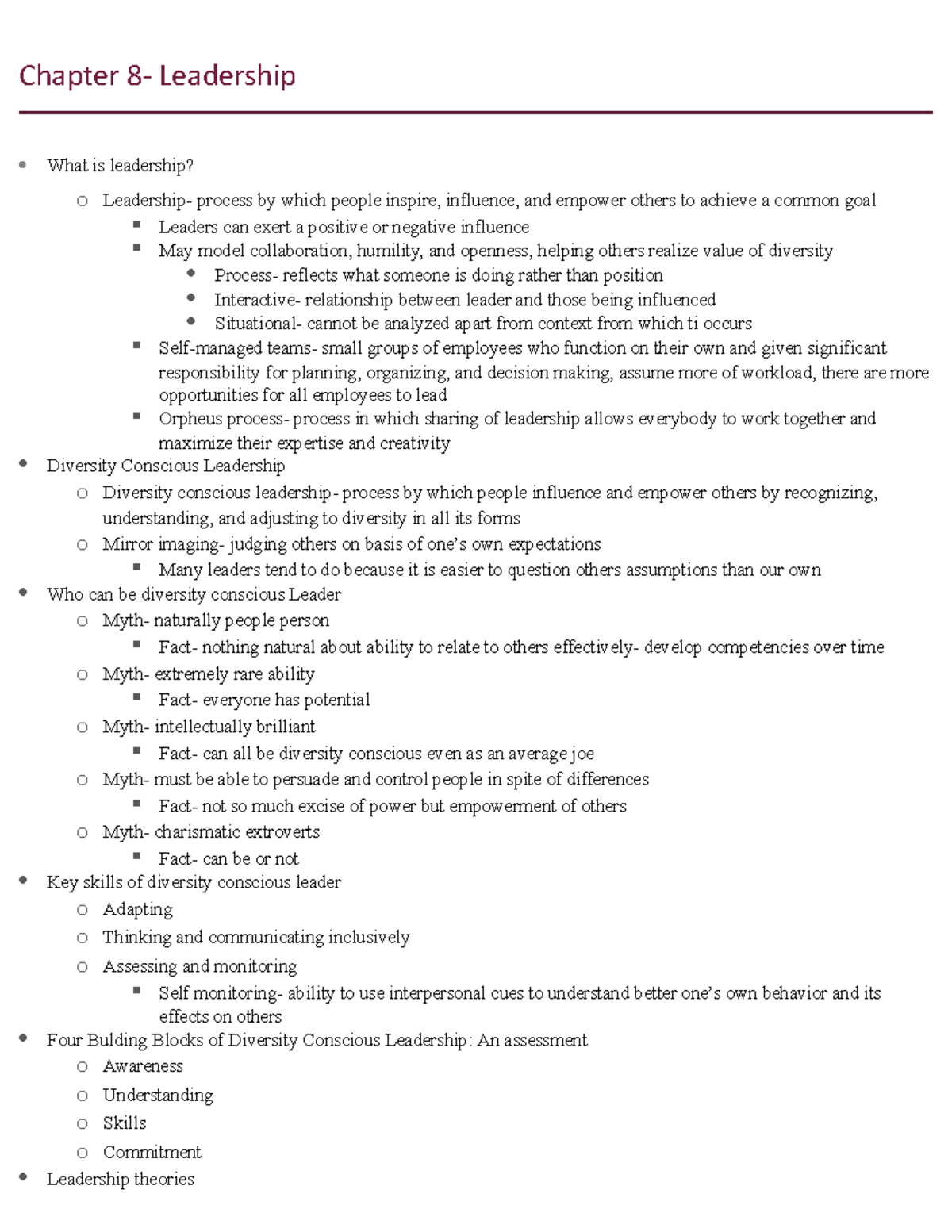 Chapter 8 - Lecture notes 8 - Chapter 8- Leadership What is leadership ...