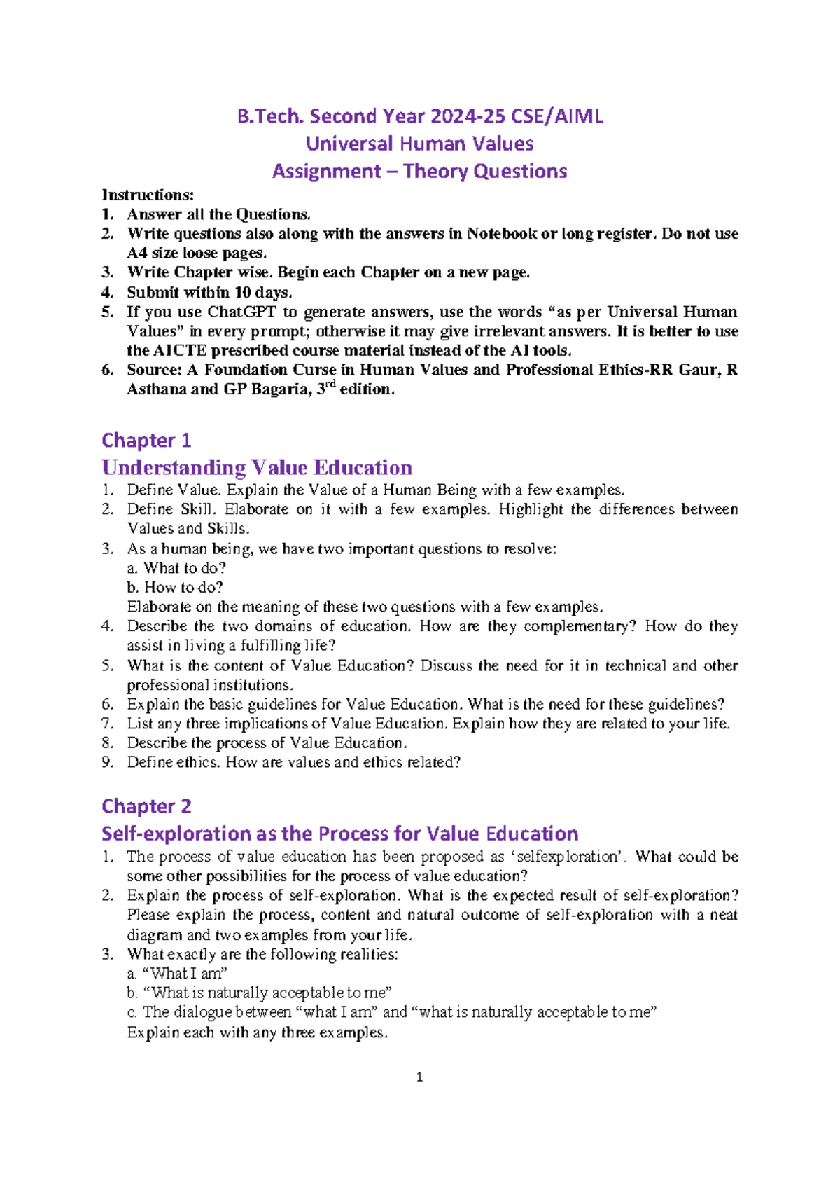 UHV Assignment-Theory Questions - B. Second Year 2024-25 CSE/AIML ...