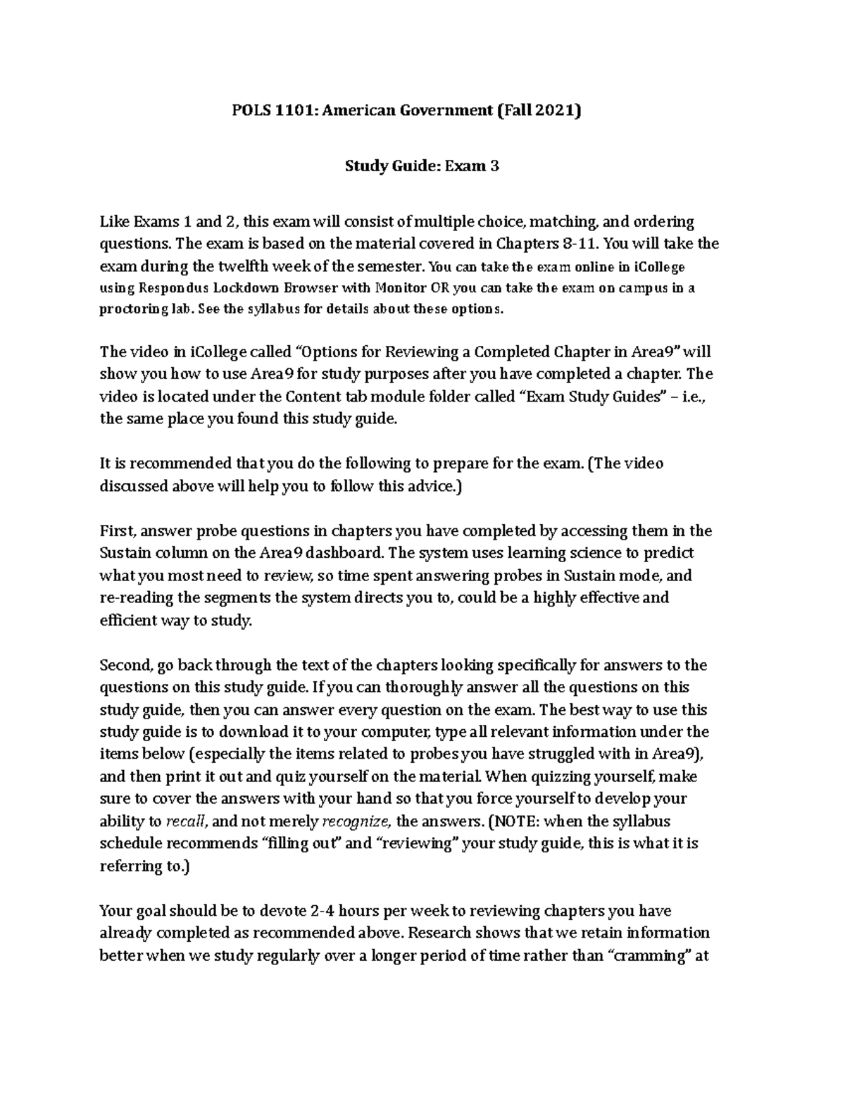 American gov 3 exam study guide - POLS 1101: American Government (Fall ...